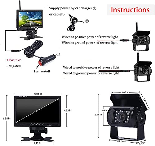 OiLiehu Wireless Backup Camera and Monitor Kit, 7 inch HD LCD Monitor with Antenna, 2 x Wireless Rear View Camera, IP67, Night Version, 12-24 V, Suitable for Buses, SUVs, Trucks, Trailers