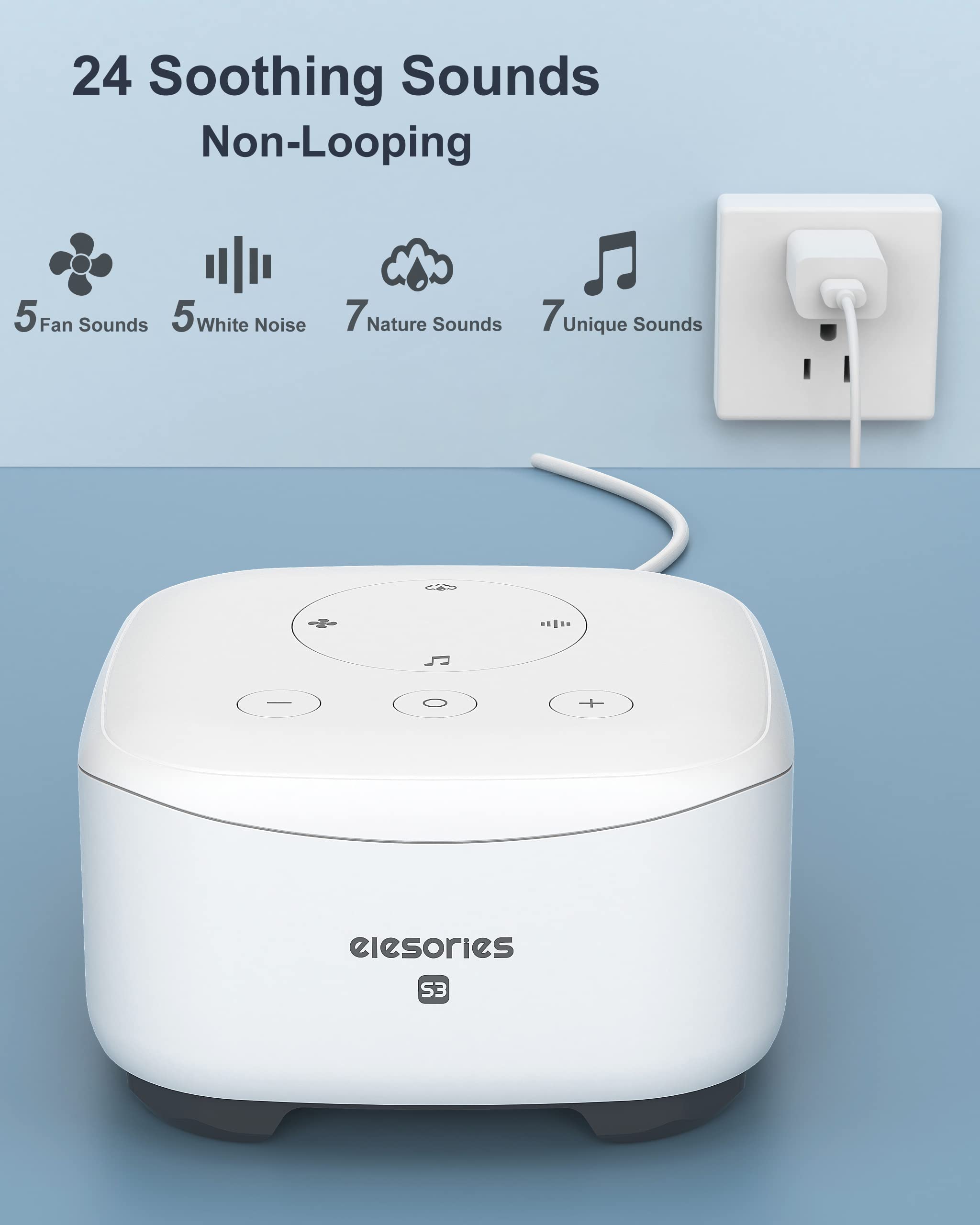 White Noise Machine, Sleep Sound Therapy with 24 Soothing Sounds for Adults Baby Sleeping,3 Auto-Off Timer, Memory Function Sleeping Sound Machine for Nursery Office Home, AC Powered-White