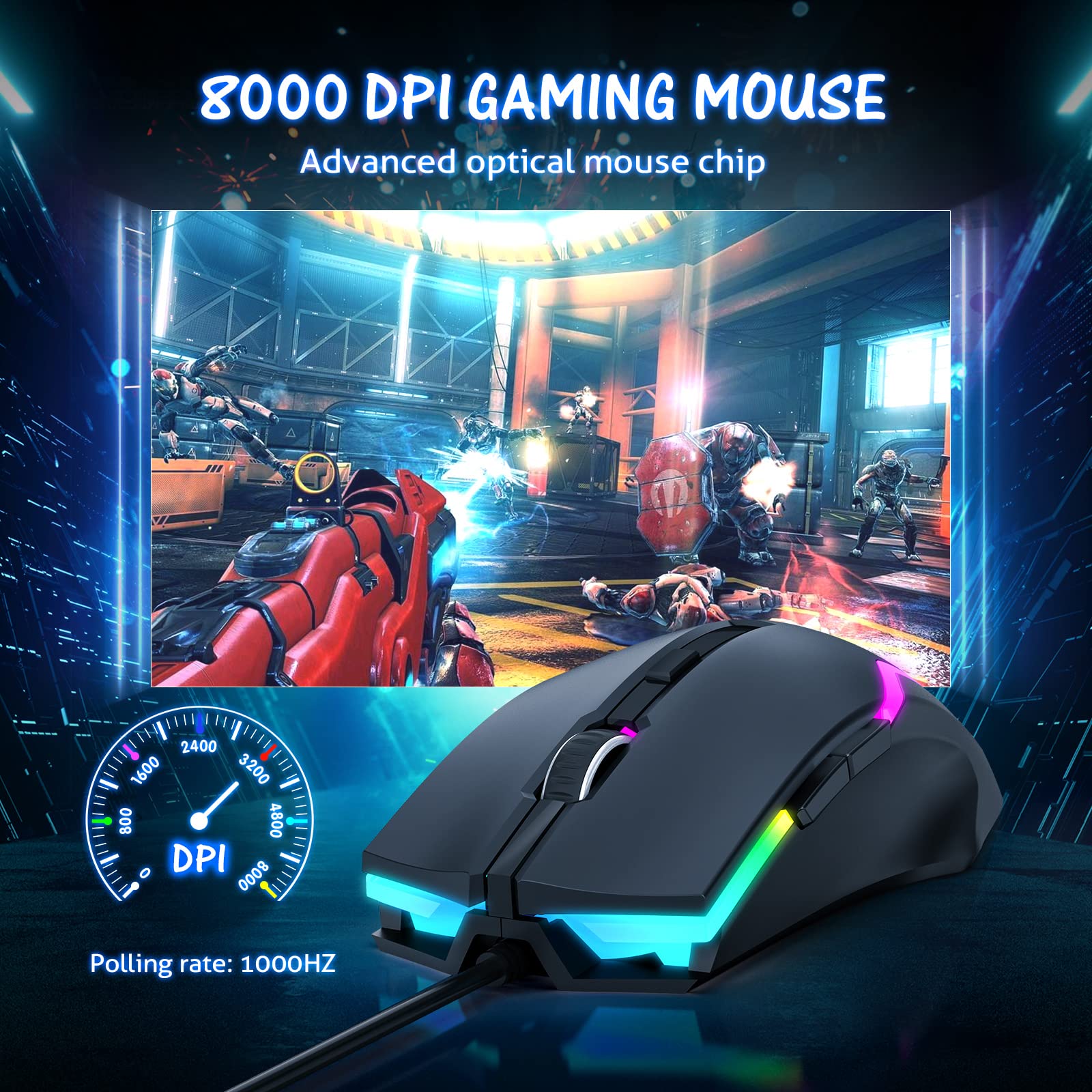 WEEMSBOX Gaming Mouse Wired, PC Computer Mice with 7 RGB Backlit Modes, Gamer Computer Mouse[8000 Adjustable DPI]- 6 Programmable Buttons for Windows PC Laptop