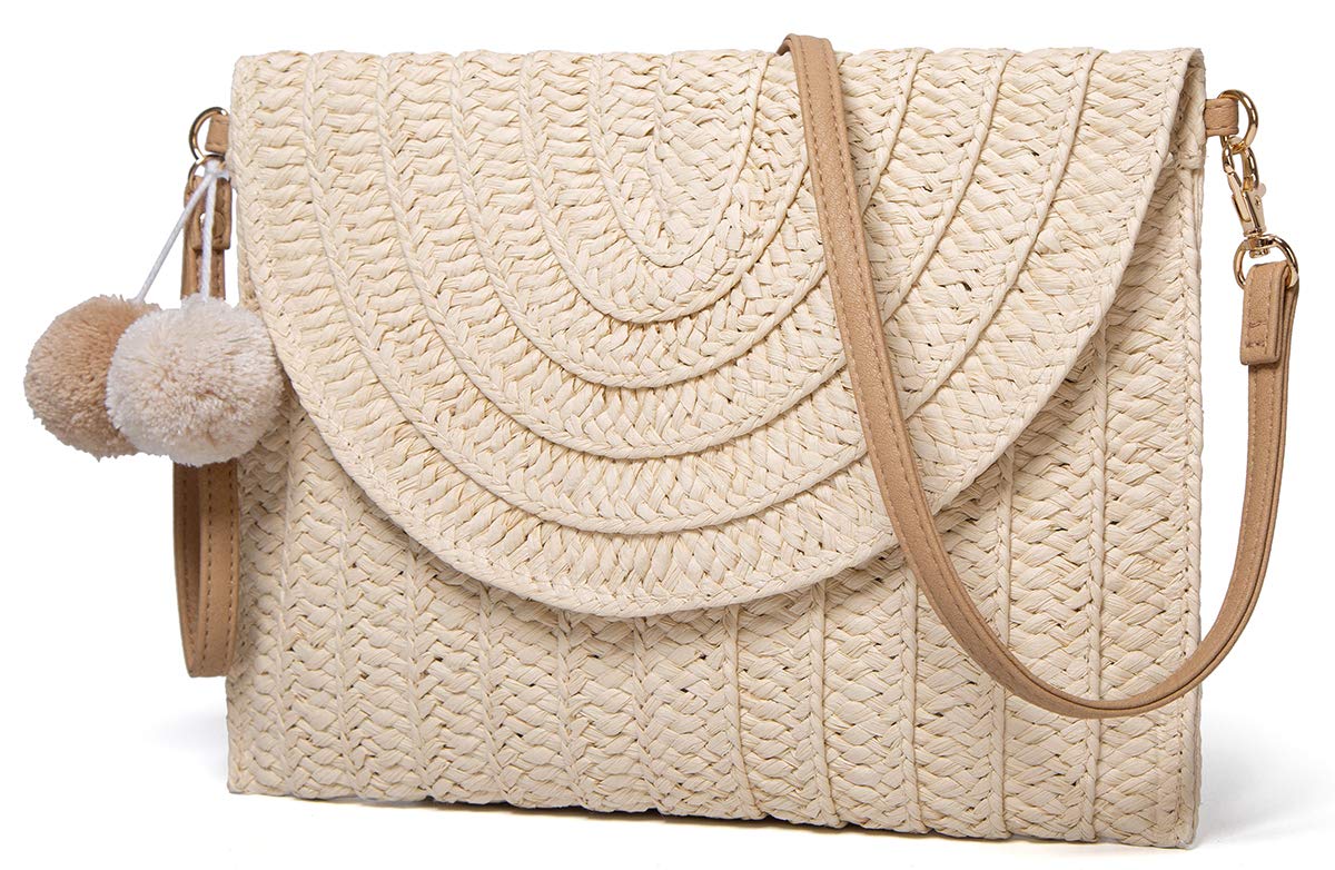 Straw Shoulder Bag Straw Clutch Women Hand-woven PomPom Straw Crossbody Bag Summer Beach Envelope Purse Wallet (E-Khaki)
