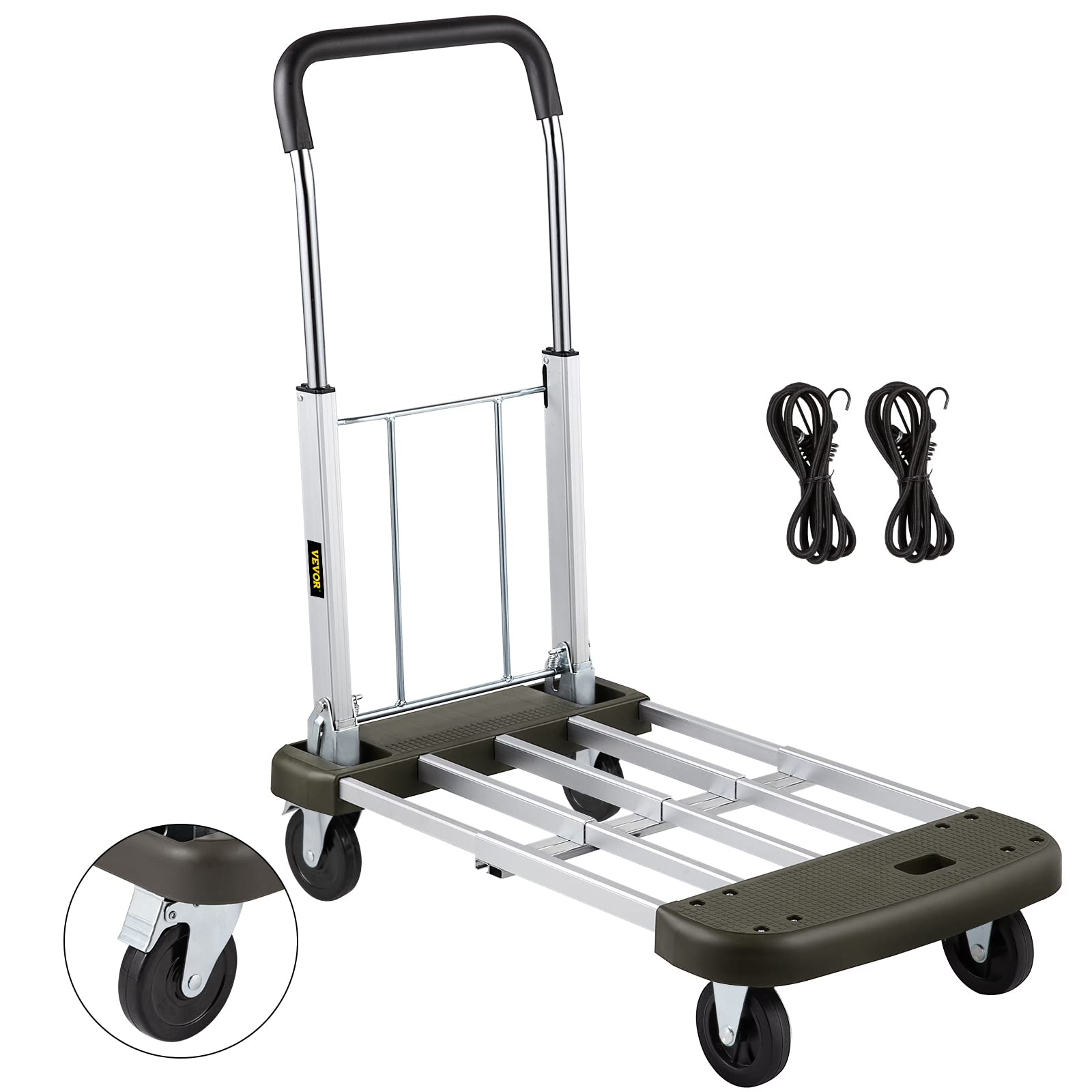 VEVOR Platform Truck Foldable,Compact Push Cart Adjustable Length, Aluminum Folding Cart Telescoping Handle with 4 Wheels ,330 LBS Capacity