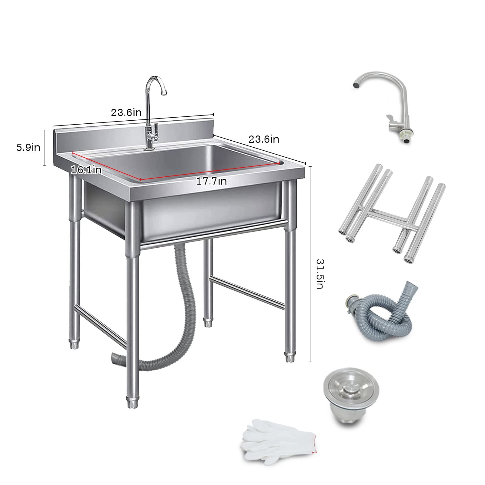 Stainless Steel Commercial Kitchen Sink Single Bowl 1 Compartment with Faucet Free Standing Utility Sink for Restaurant Kitchen Laundry Garage Indoor Outdoor (23.6"W x 23.6"D x 31.5"H)