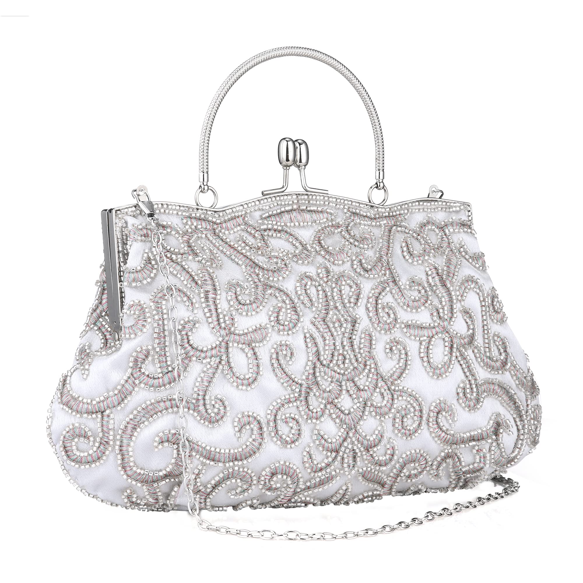 Rkrouco Women's Embroidery Beaded Sequin Evening Clutch 1920s Vintage Handbag Suitable for Wedding Party Purse. (Silver)