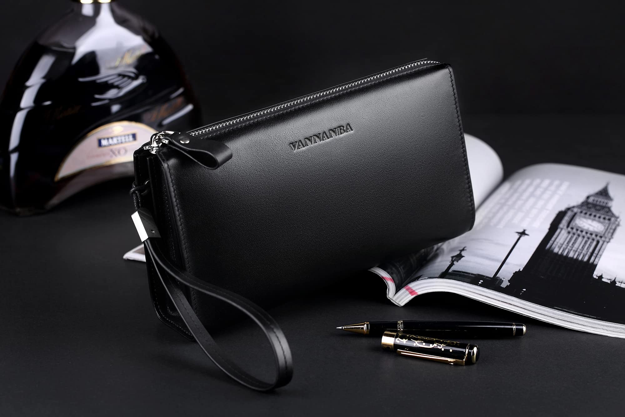 Men’s Genuine Leather Clutch Bag Handbags Wallets Business Organizer Purse (Black)