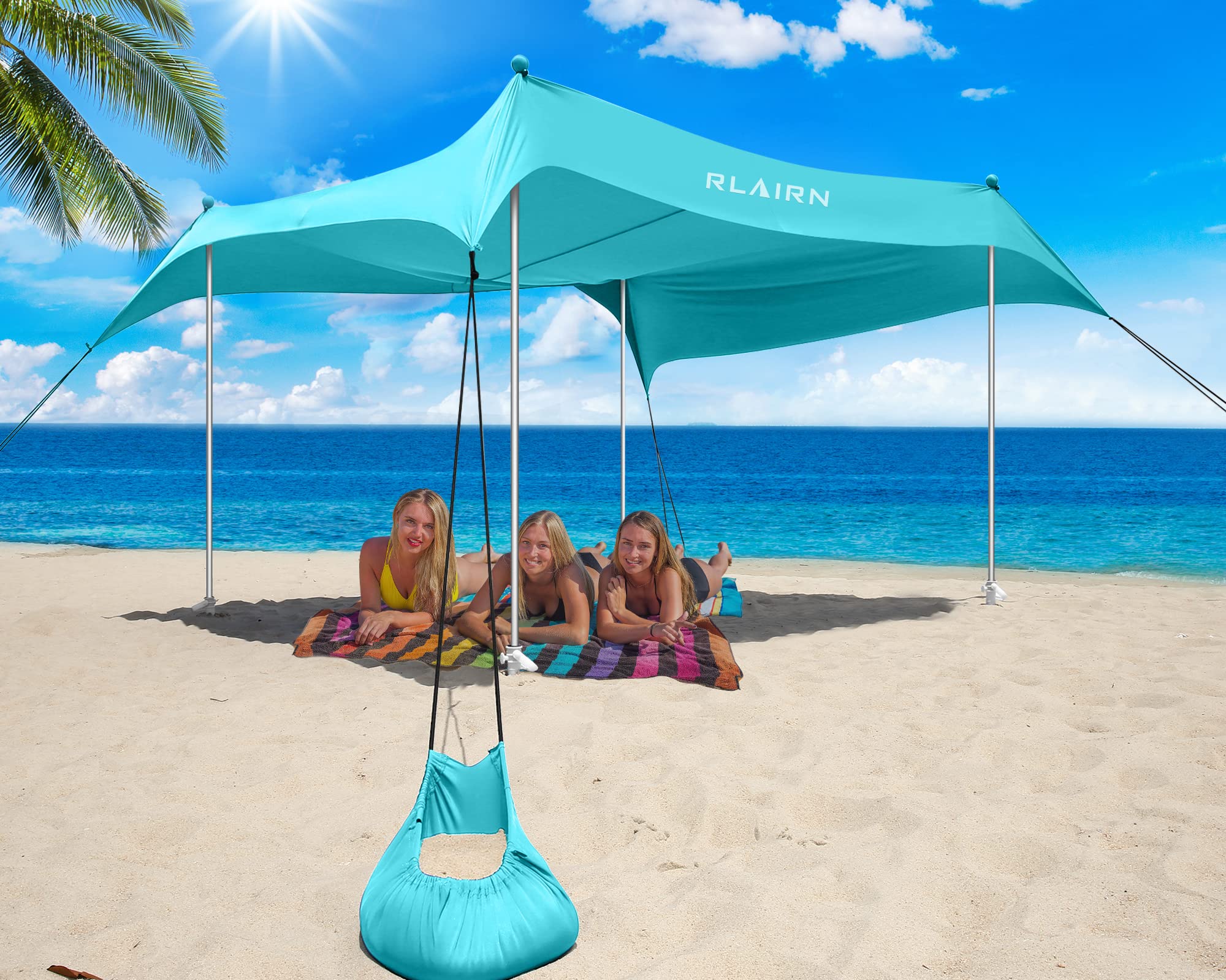 RLAIRN Beach Canopy Tent Sun Shade, RLAIRN Portable Beach Sun Shelter UV Protection Beach Shade Easy Setup with Poles for Beach, Camping, Backyard, Picnics (Turquoise)