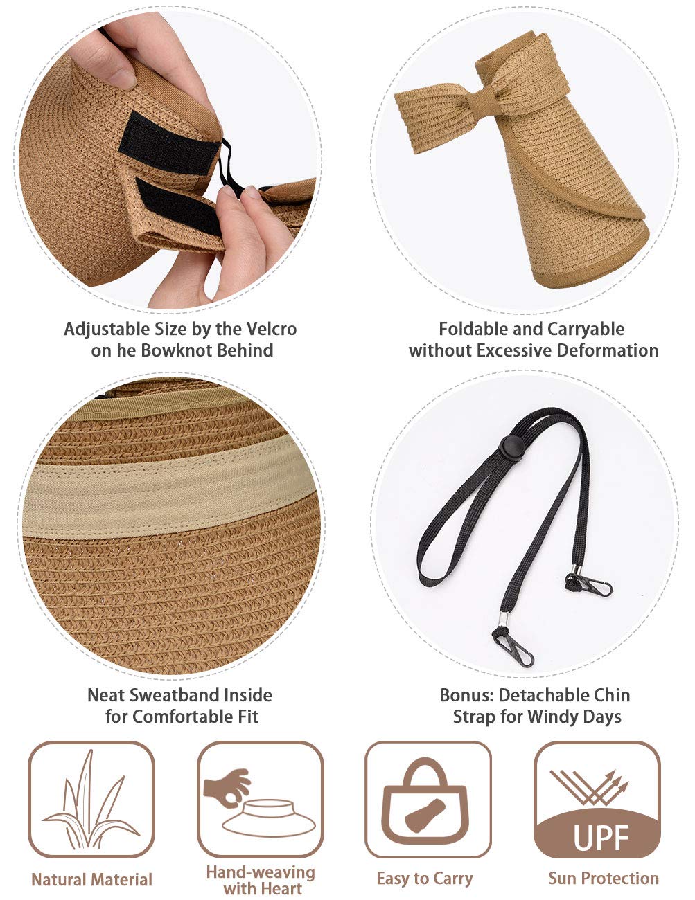 MAYLISACC Straw Sun Visor Hats for Women UPF50+ with Large Wide Brim, UV Protection Packable Floppy Beach Sun Hat Vicera Mujer Khaki