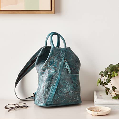Santiago Sebastian Leathers Ladies leather convertible backpack purse, handbag/backpack, Handmade, Handtooled, Floral pattern, zippers, 3 compartments (Turquoise)