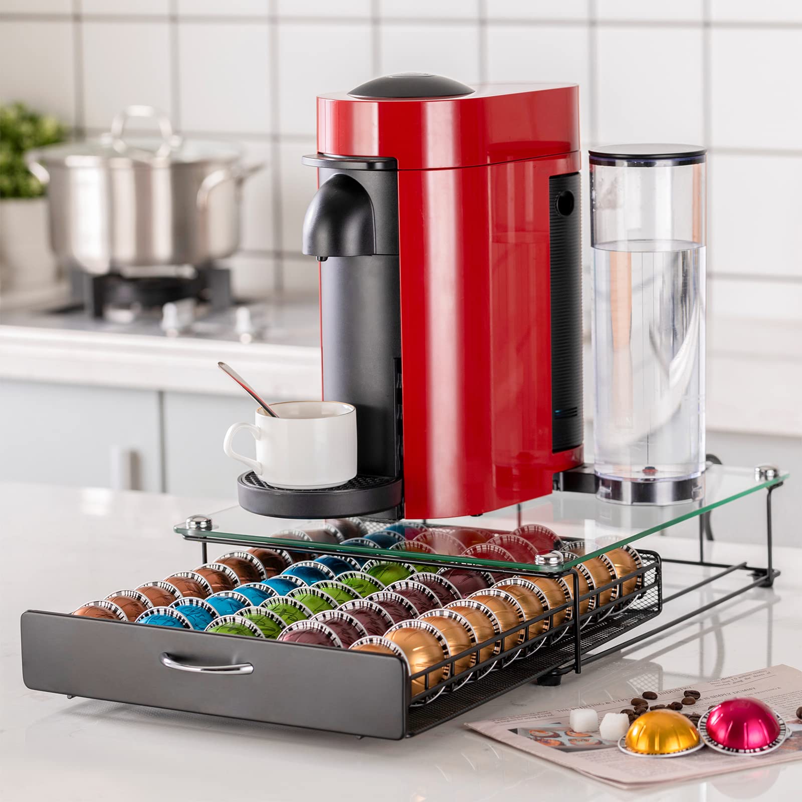 Rice rat Coffee Vertuo Capsule Holder Drawer for Nespresso With Glass For Cabinet Vertuoline Pod Storage Rack For Counter (Class-50 Pods(With handle))