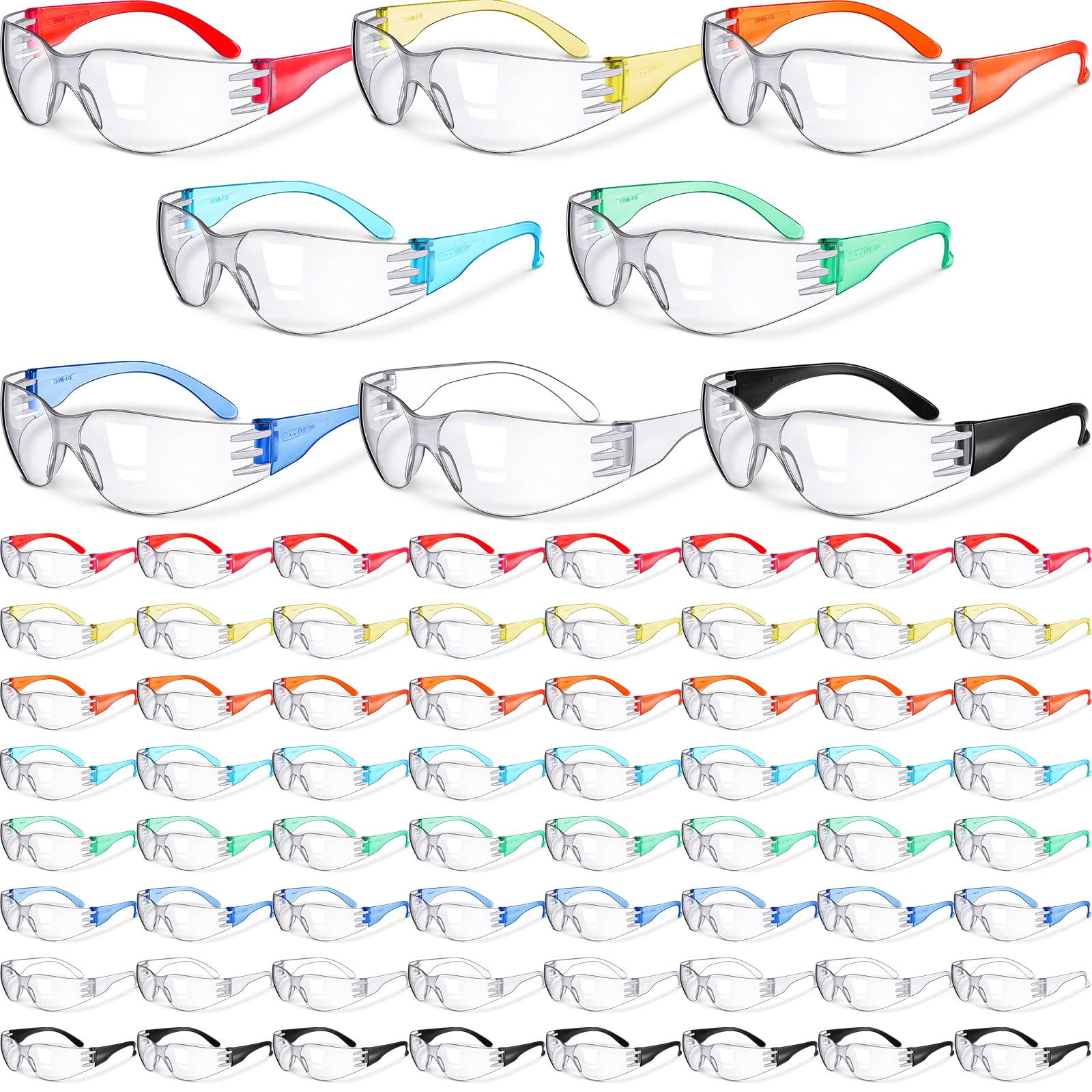 Yunsailing 64 Pairs Clear Safety Glasses for Man Woman Protective Glasses with Anti Fog Lens Scratch Impact Resistant Adult Color Temple Wrap Eye Protection Lab Shooting Construction