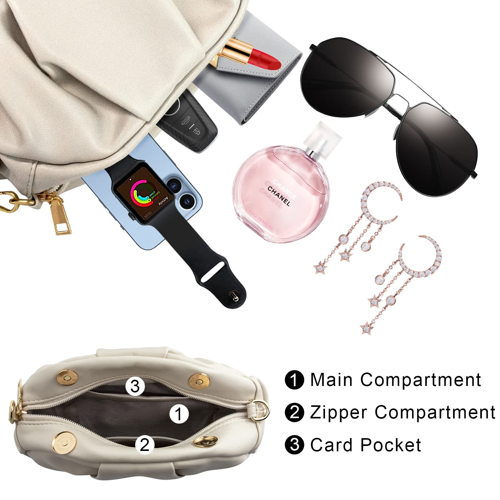 Strobody Women's Cloud Pouch Bag, Soft Leather Dumpling Clutch Purse with Magnetic Closure,Ruched Chain Link Crossbody Shoulder Handbag