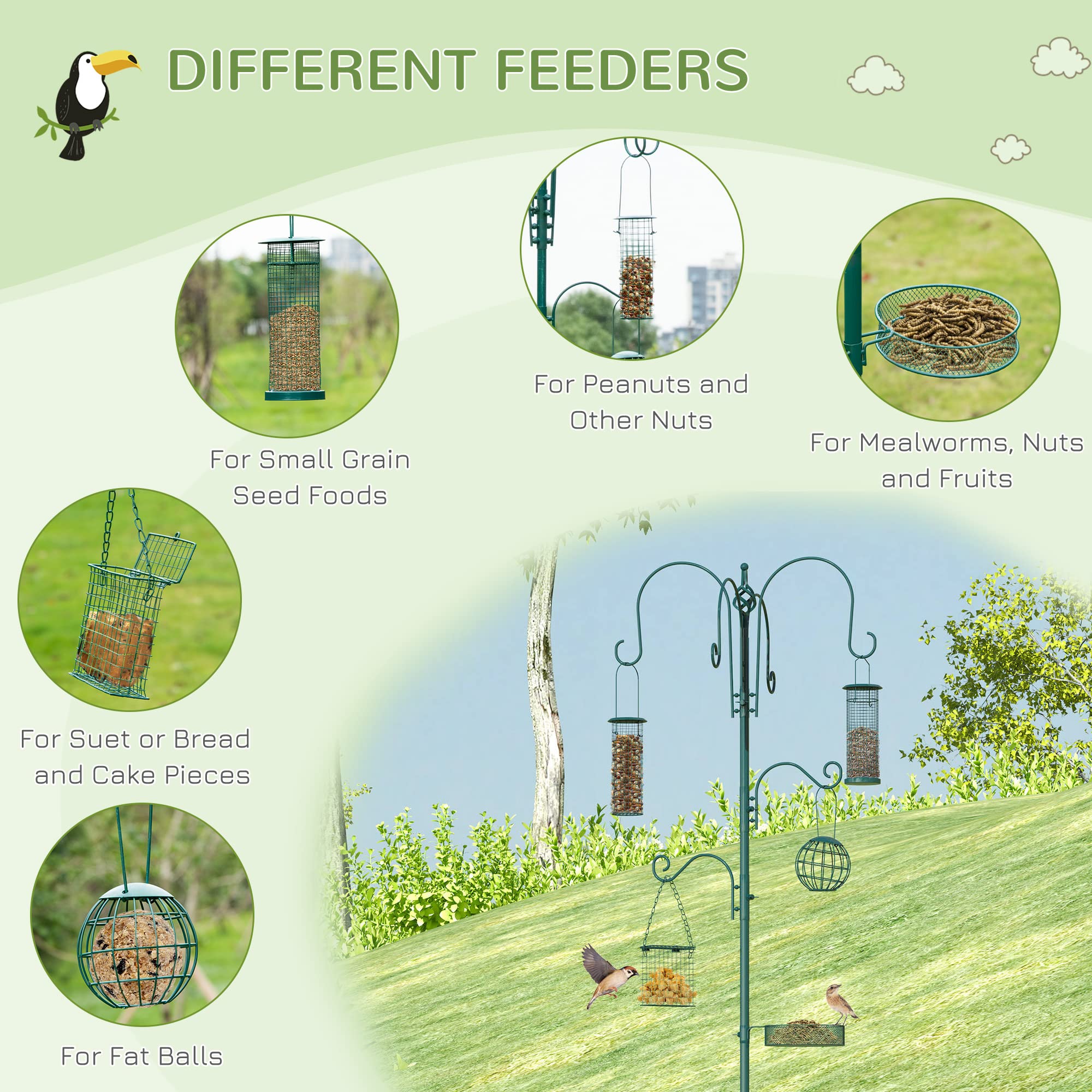 PawHut 6 Hook Feeding Station, Steel Multi-Feeder Kit Stand with 4 Bird Feeders, Mesh Tray, Water Dish and 4-Prong Base, Green
