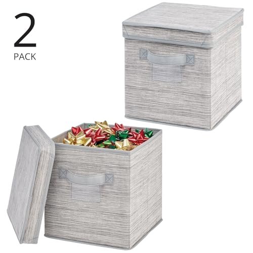 mDesign Square Fabric Christmas Storage Box with Handles - Holiday Decor Storage Bin with Lid and Label Space - Foldable Gift Wrap, Bow Container - Lidded Tote for Kids Room, 2 Pack, Striped Taupe/Tan
