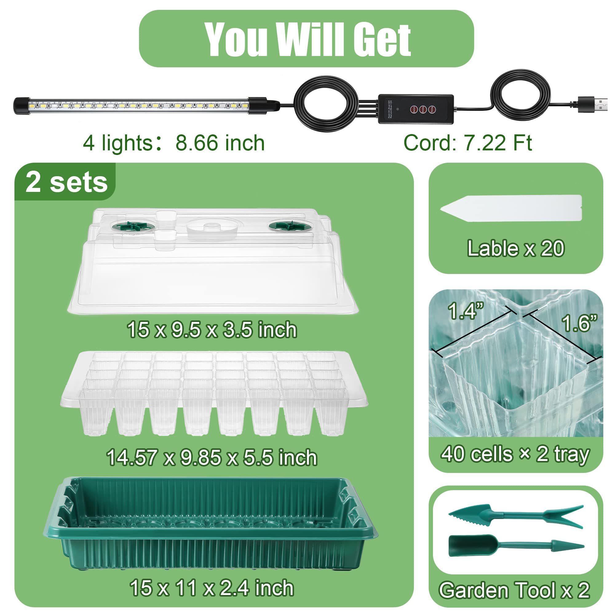 Saillong 2 Packs Seed Starter Tray with Grow Light High Dome Seed Germination Kit 80 Cells with 4 LED Grow Lights Seedling Starter Kit with Smart Timer and 3 Modes for Home Gardeners, Greenhouse