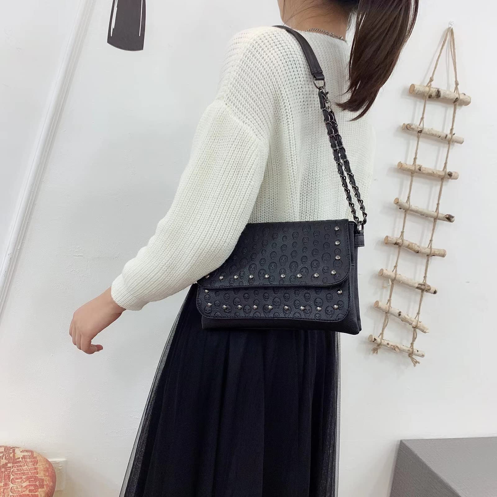 Studded Skull Messenger Bag Gift for Women, Vegan Punk Chain Bag Gothic Purse Shoulder Crossbody Rivet Handbag Black