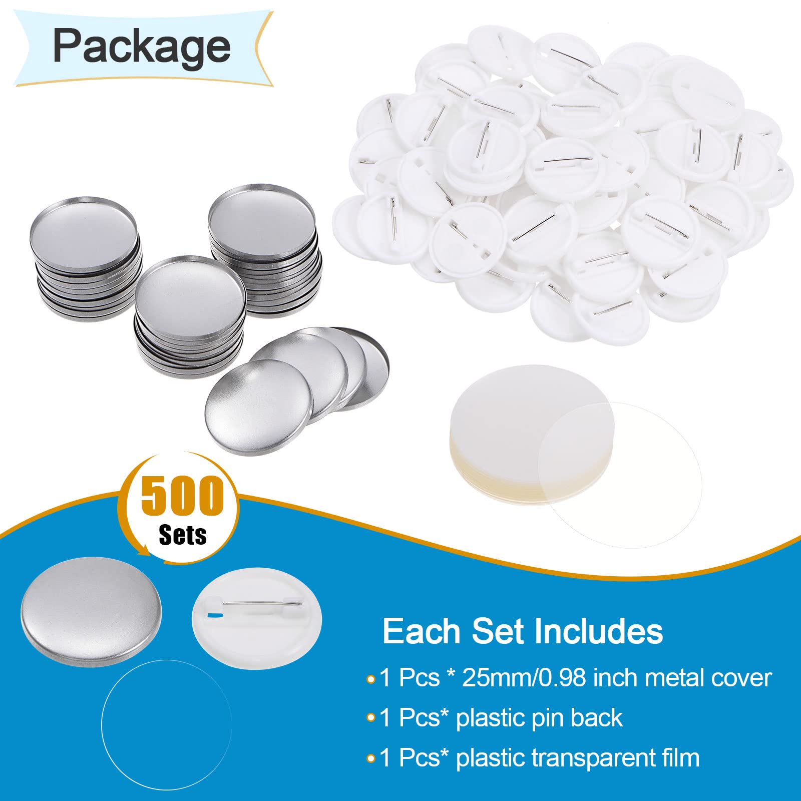 MECCANIXITY Blank Pin Back Button Parts, 25mm 0.98 Inch, 500 Set Sewing Buttons Round Metal Cover Plastic Button Back Clear Film for Button Maker Machine