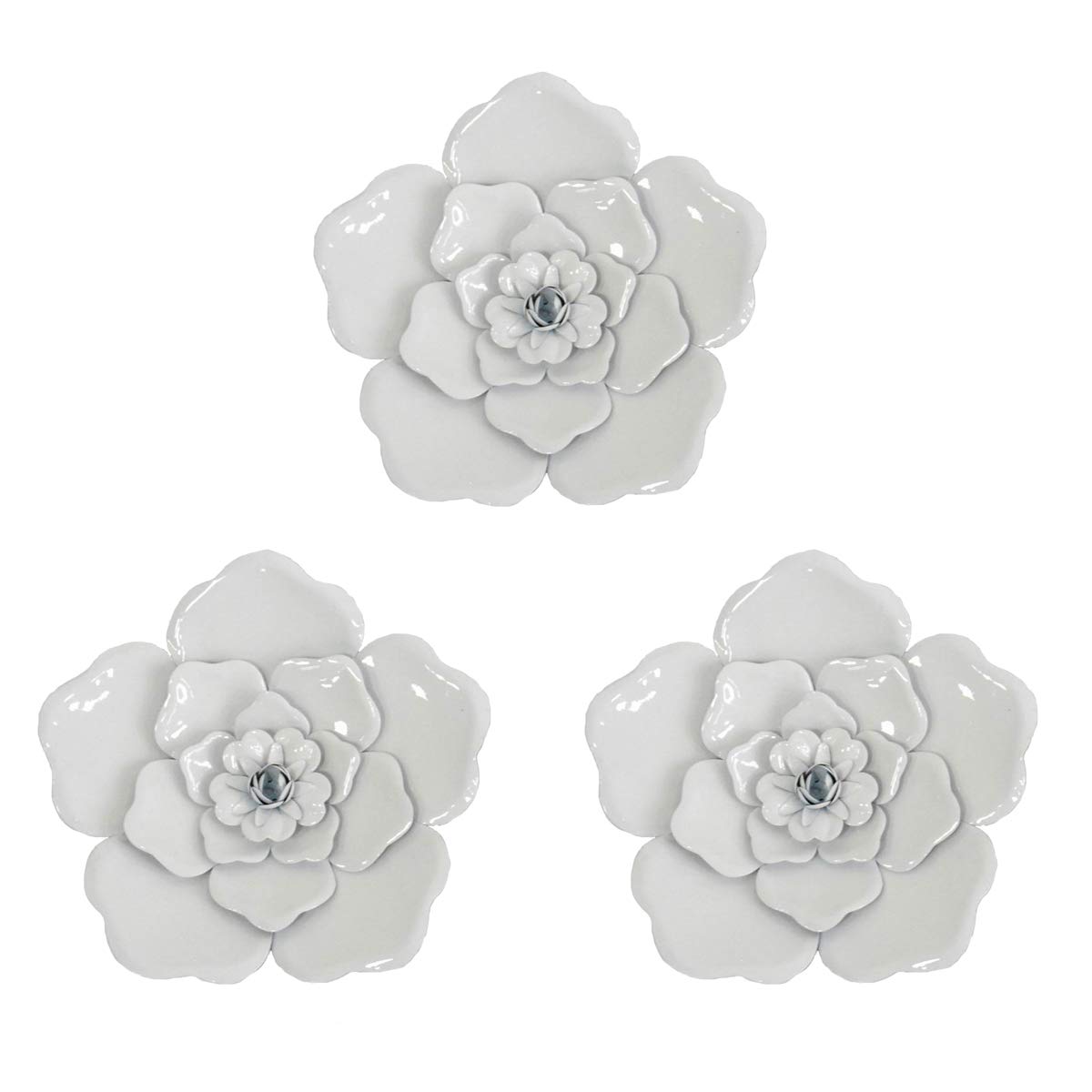 Metal Flower Wall Art Multiple Layer Decor for Indoor Outdoor Home Bedroom Living Room Office Garden Set of 3(White)