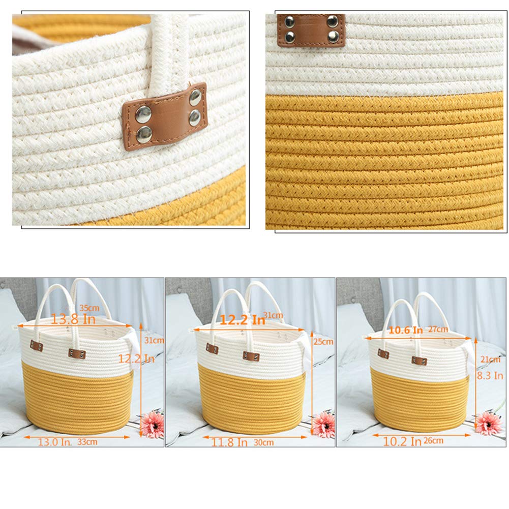 Nerseki Cotton Rope Laundry Basket 13.8''*12.2'' Hampers in Yellow Storage Living Room, Laundry Décor (Large)