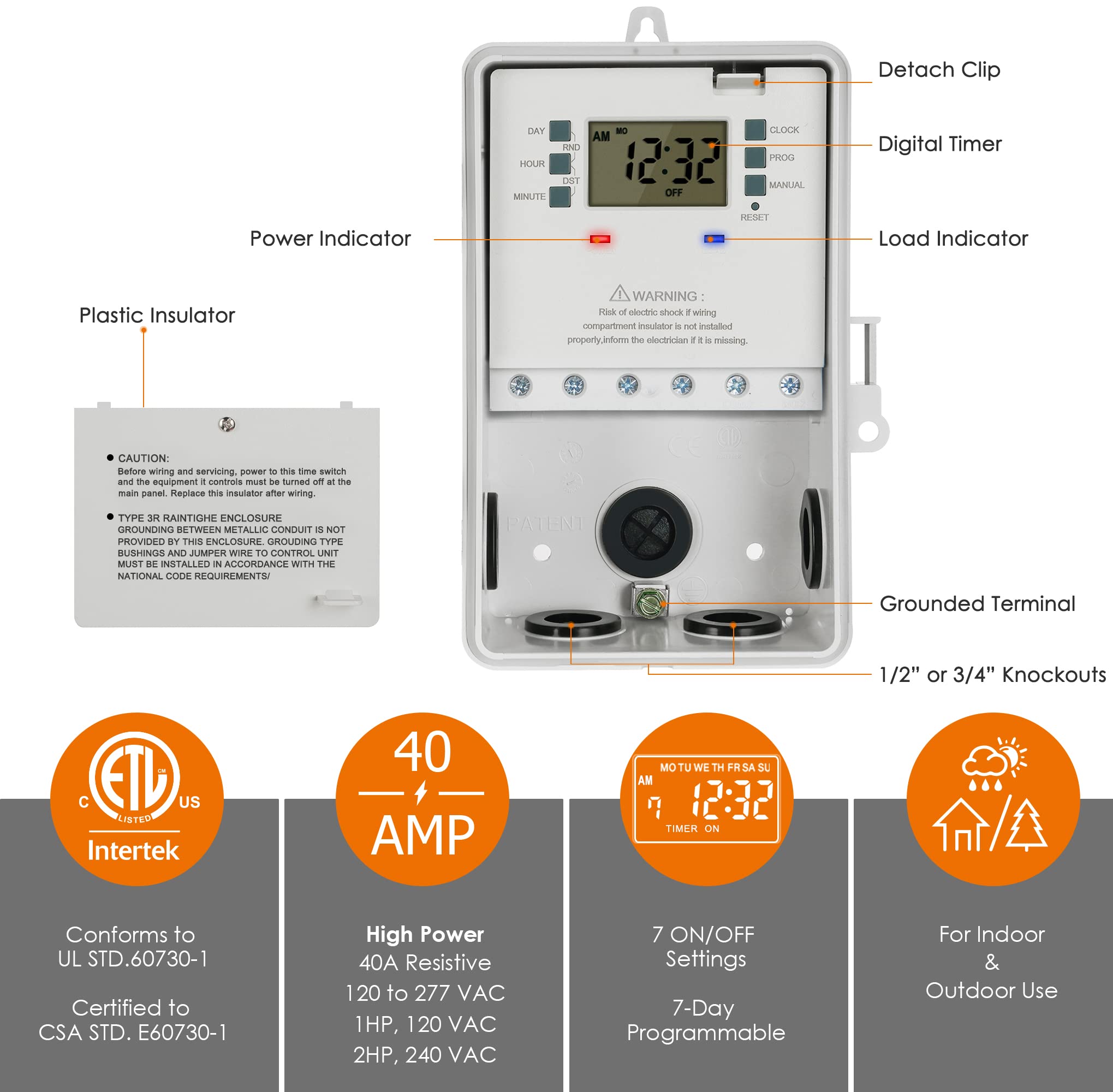 Suraielec Pool Timer, 7-Day Digital Pool Pump Timer Switch, 120, 240, 277 VAC, Heavy Duty 40 AMP, 2HP, 24 Hour Programmable, Outdoor Indoor Swimming Pool Timer Box for Pump, Hot Water Heater, Lights