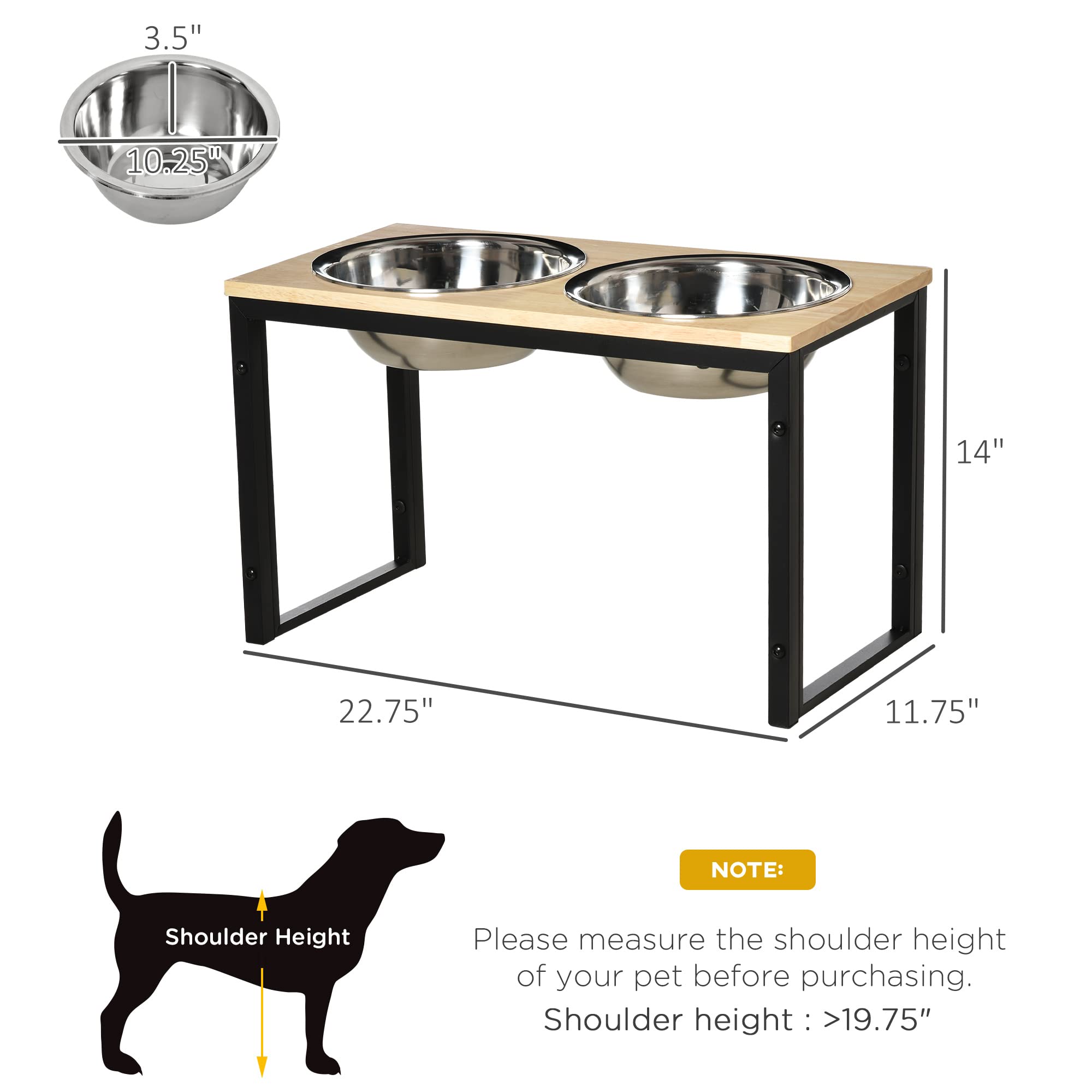 PawHut Elevated Dog Bowls with Stand, Raised Dog Feeder for Large Sized Dogs, Natural