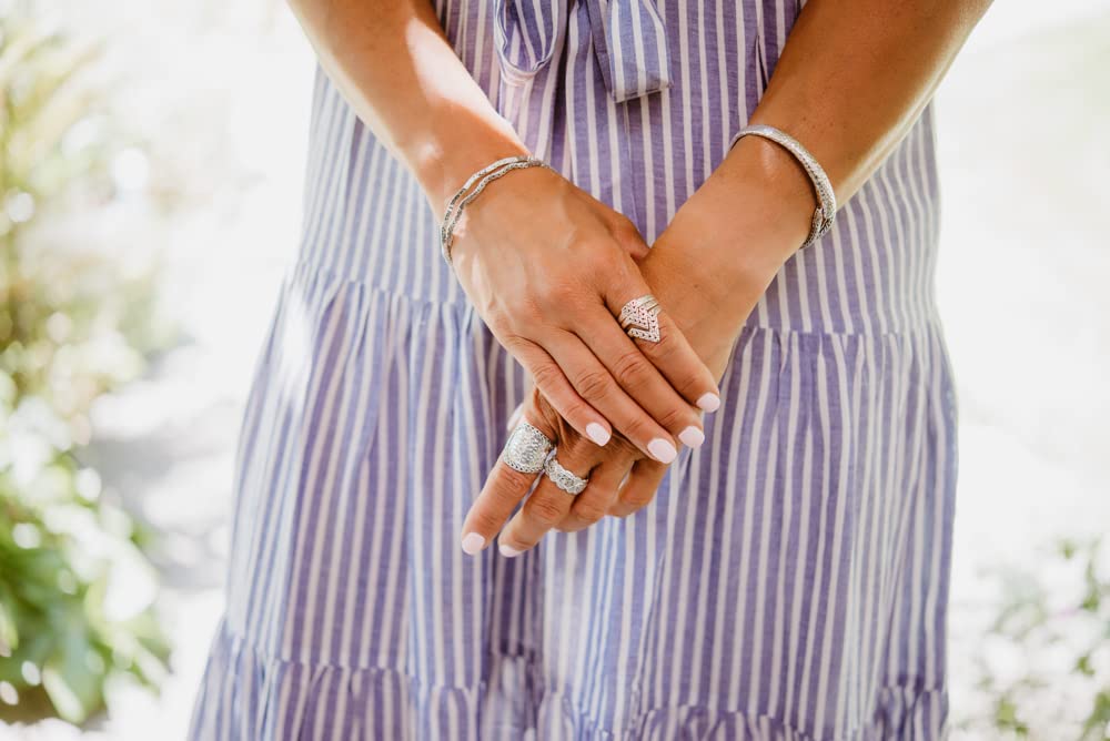 Sarda - .925 Sterling Silver 21mm Chainlink & Hammered Chevron Three Stackable Rings Set - Handmade by Bali Artisans - Size 8
