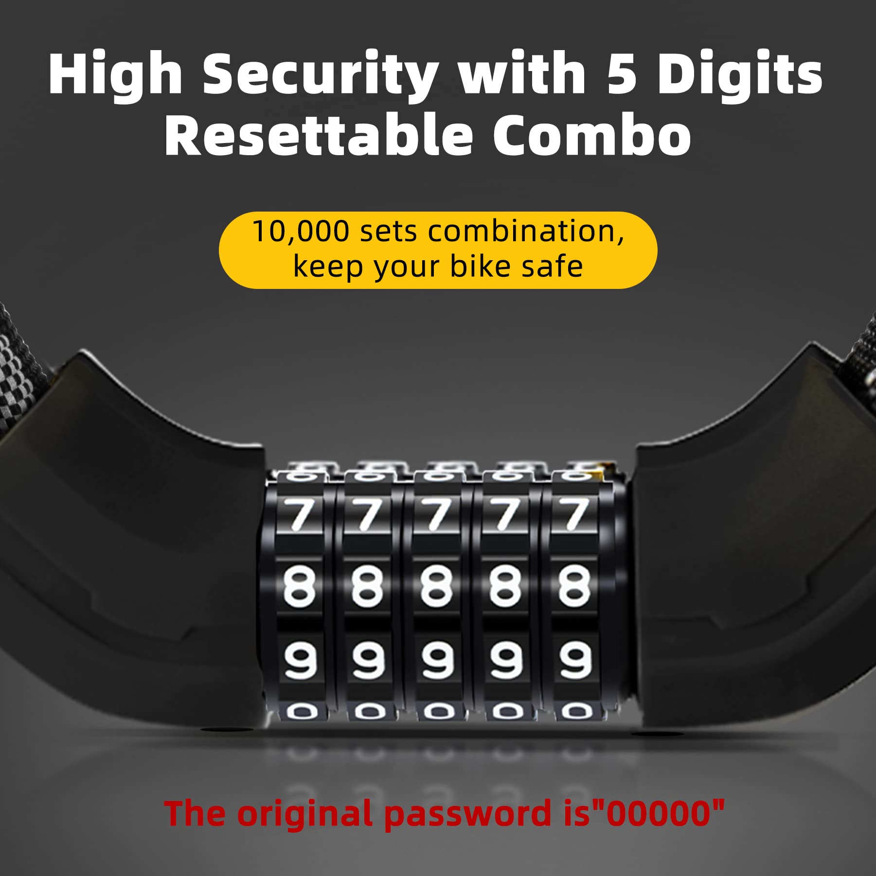 ROCKBROS Bike Lock Cable Combination Bike Cable Lock 5 Digits Resettable High Security Anti Theft Bicycle Lock Reflective Cloth Combo Bicycle Cable Lock