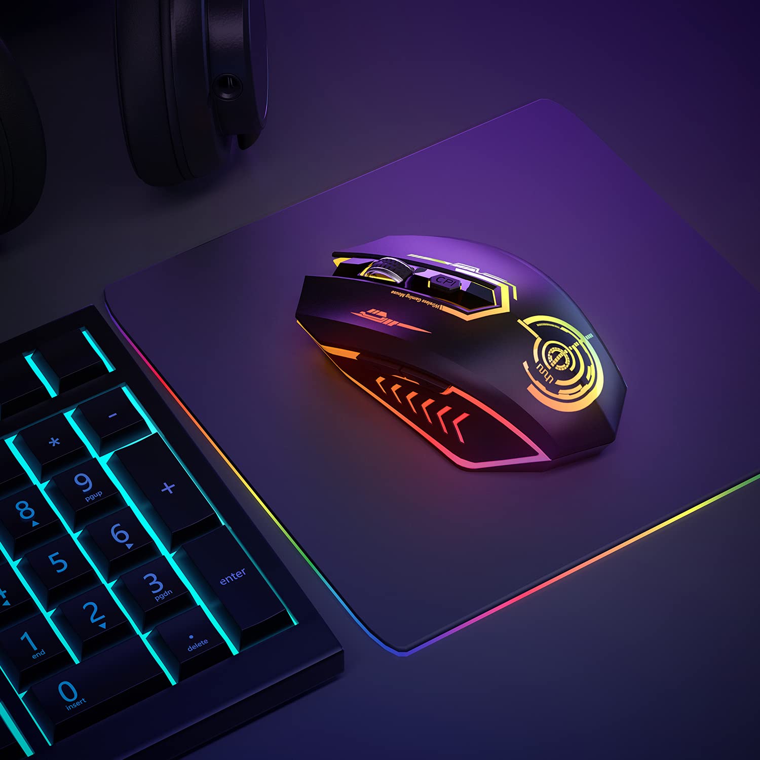 UHURU Wireless Gaming Mouse Up to 10000 DPI, Rechargeable USB Wireless Mouse with 6 Buttons 7 Changeable LED Color Ergonomic Programmable MMO RPG for PC Laptop, Compatible with Windows Mac