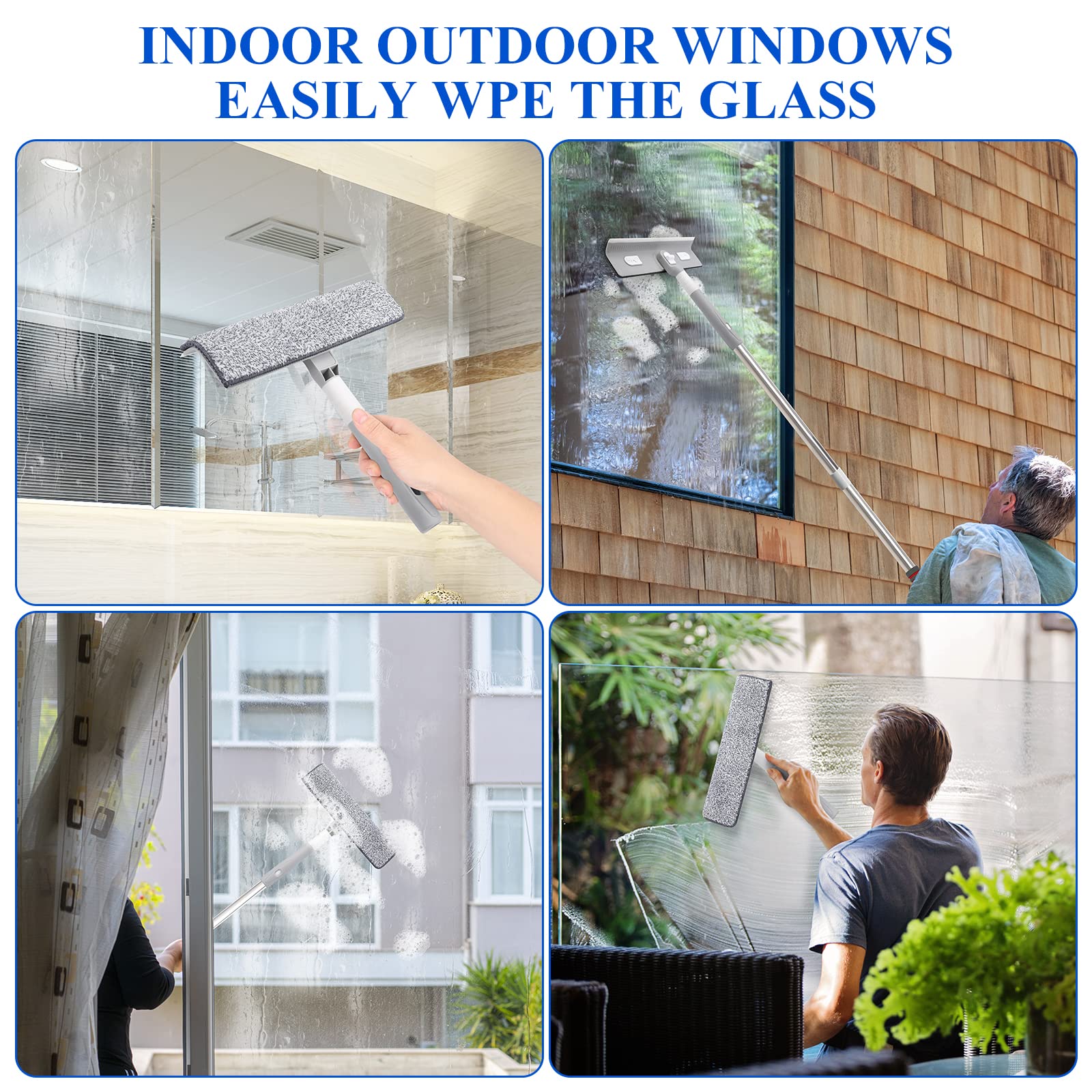 Window Squeegee Cleaner 2 in 1 Rotatable Window Cleaning Tool Kit with Extension Pole, Window Washing Equipment Includes 1 Dusting Attachments, for Indoor/Outdoor Car Glass, High Window Cleaning
