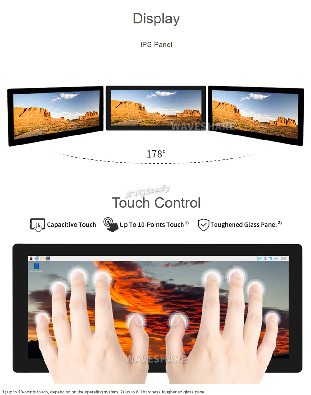 XYGStudy 12.3inch IPS HDMI 1920×720 Capacitive Touch Screen LCD Monitor High Brightness with Toughened Glass Panel 12.3inch HDMI LCD