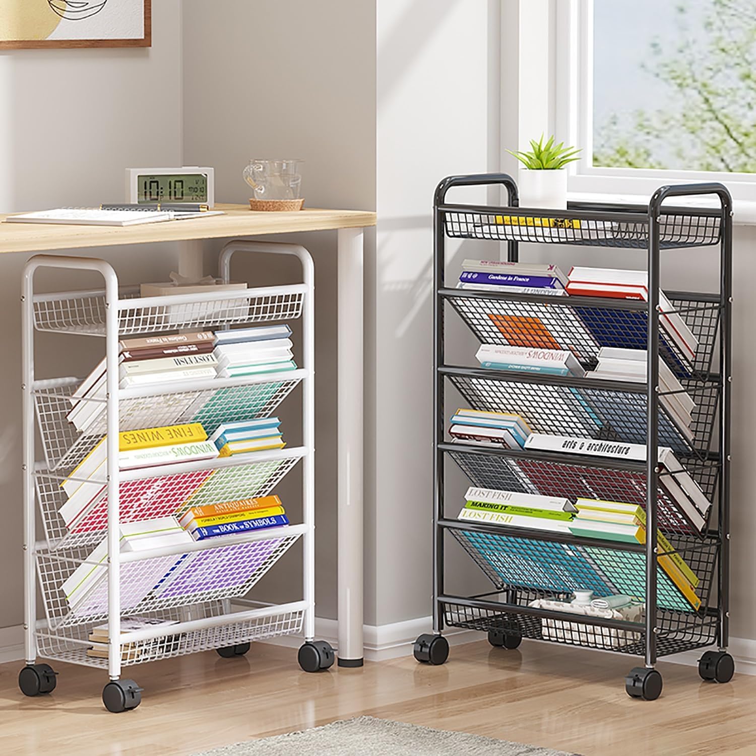 MOUNW Compact Rolling Book Cart, 6 Tiers Movable Bookshelf Cart Storage Rack, with 360° Universal Wheel, for Office, Kitchen, Bathroom
