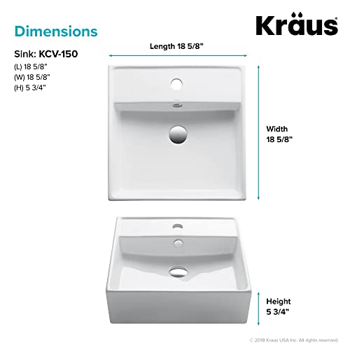 Kraus KCV-150 Elavo Square Vessel Porcelain Ceramic Bathroom Sink with Overflow, 18 1/2, 18.63, White