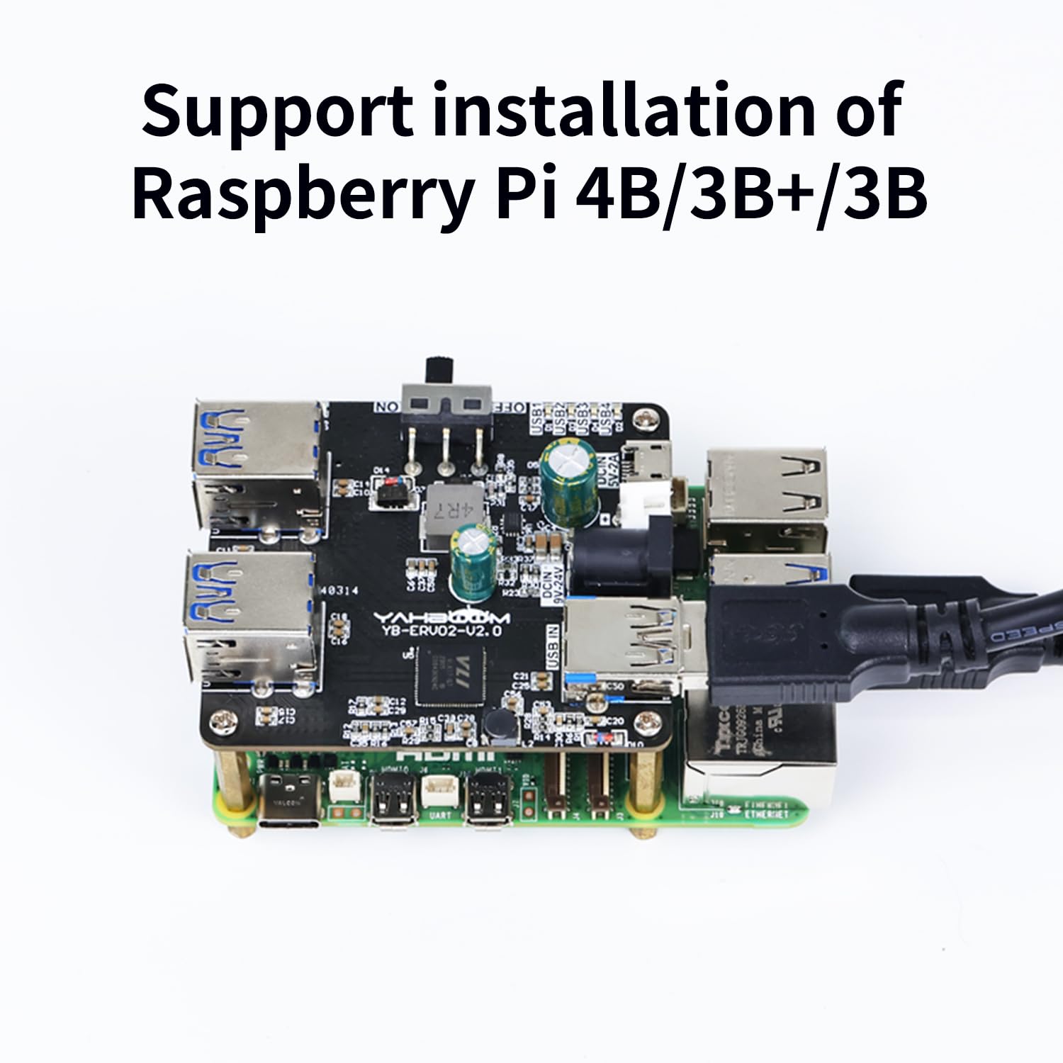 Yahboom 4 Port USB 3.0 Hub for Raspberry Pi Jetson Nano ROS Robot, Compatible with USB 3.0/2.0/1.1 Driver-Free Plug&Play, Onboard External USB-A,5V (micro-USB),9~24V Power Port, for High-power Device