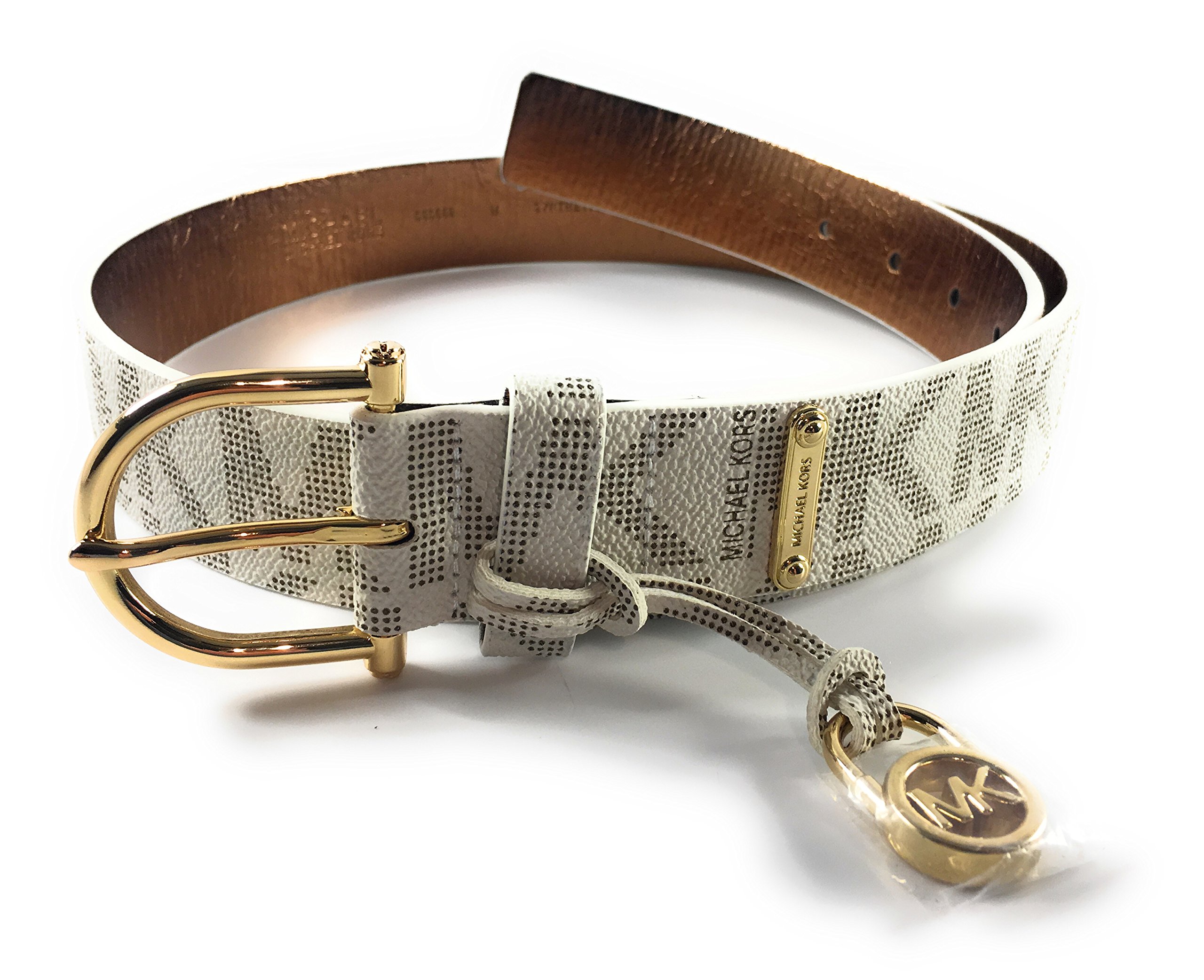 Michael Kors MK Logo Gold Charm Hamilton Belt, Vanilla, Medium