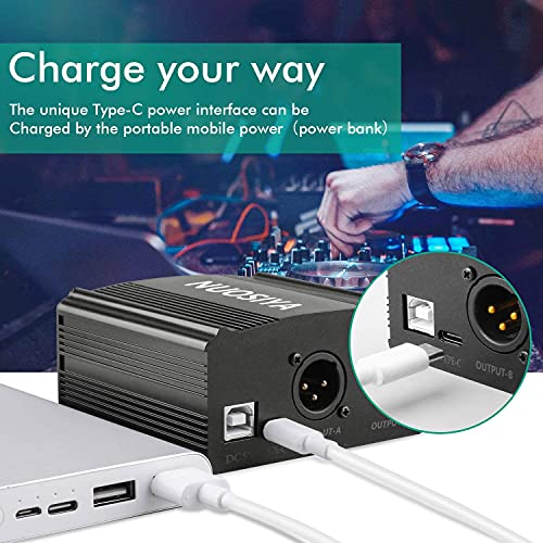 Phantom Power Supply, NUOSIYA 2-Channel 48V Phantom Power Supply, Stable Power Supply, Improved Shielding Technology, Anti-Noise for Any Condenser Microphone Music Recording Equipment