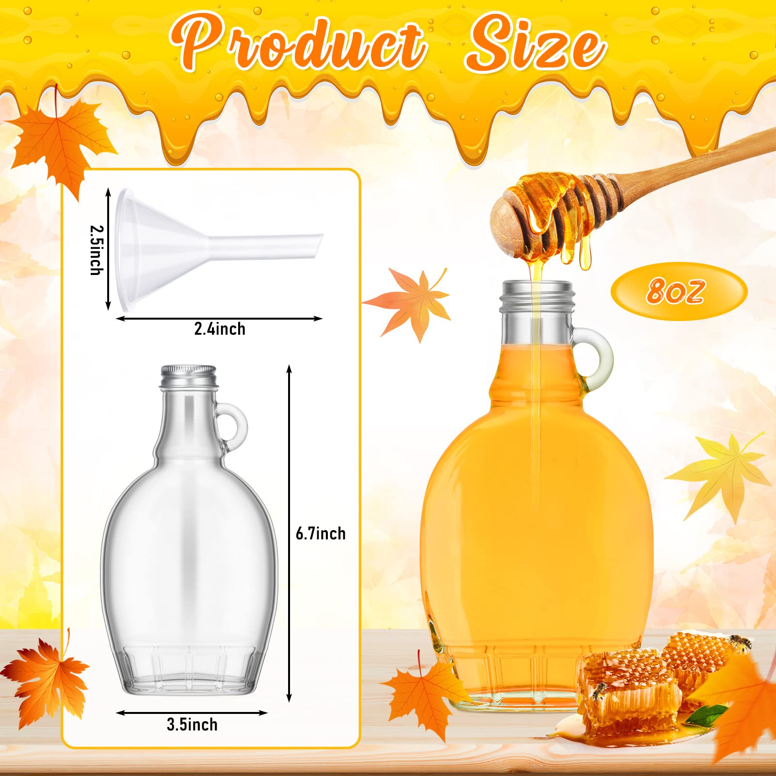 meekoo 24 Pieces 8 oz Glass Syrup Bottles with Aluminum Lid and Loop Handle Glass Maple Syrup Bottles Maple Syrup Jars Syrup Container with 4 Funnels for Potion Juice Milk Storage Gift Sauce Oil