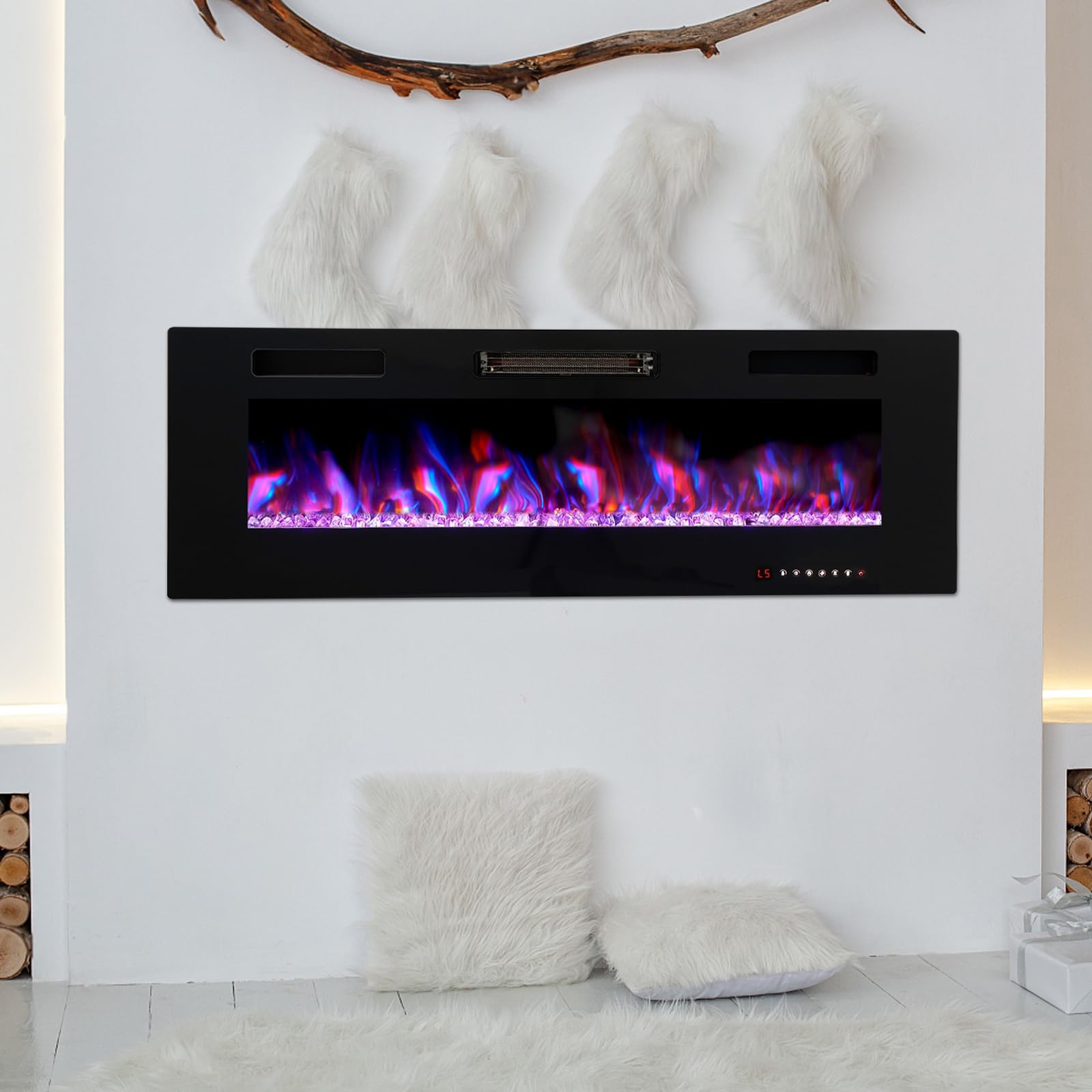 PHI VILLA 50" Electric Fireplace Wall Mounted & Recessed, 3.86" Ultra-Thin Linear Fireplace 750/1500W with Remote Control, Fit for 2 x 4 6 Stud, Low Noise, Timer, Adjustable Flame Color & Speed