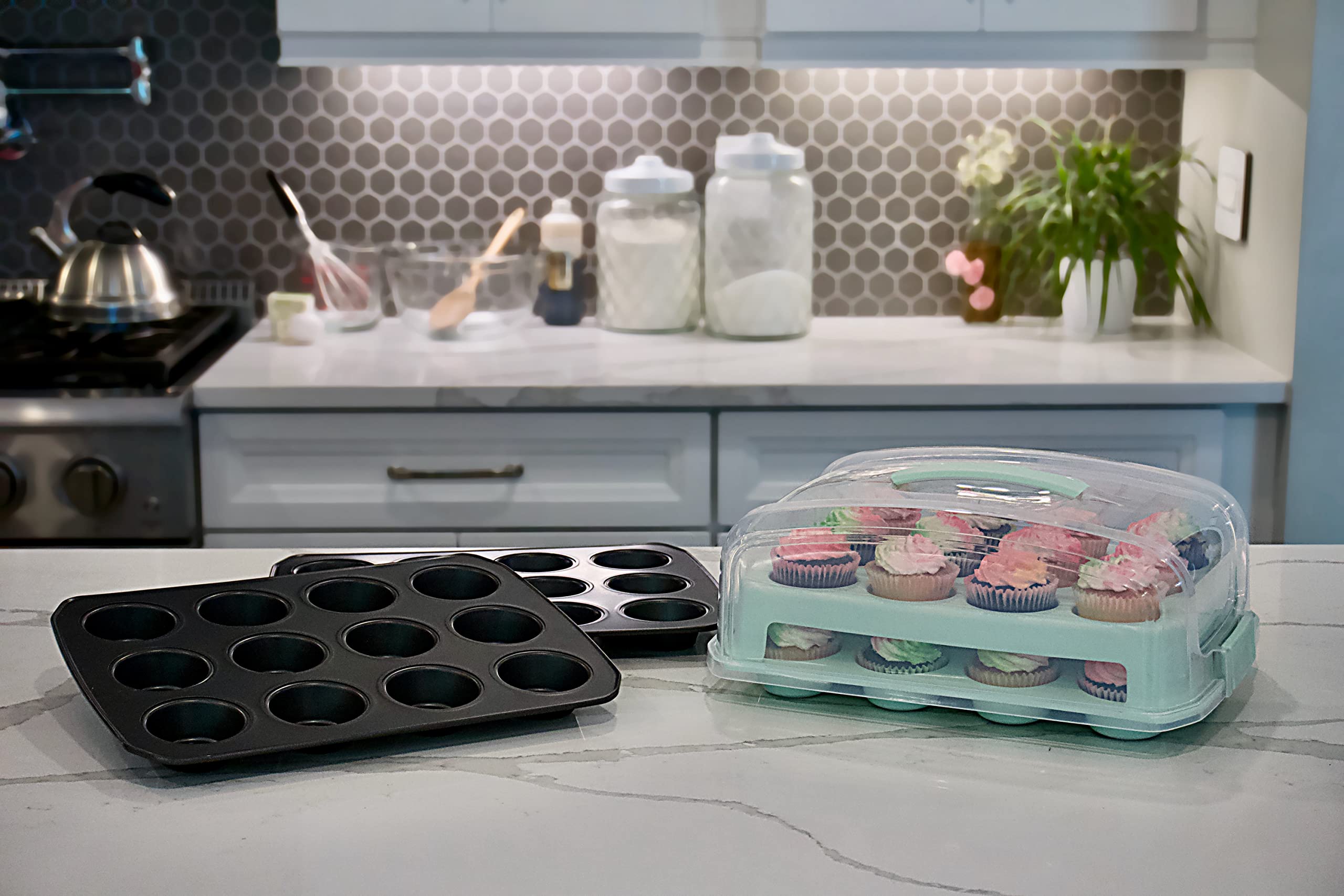 Top Shelf Elements Cupcake Carrier With Two Muffin Pan/Cupcake Pan Stylish Cupcake Carrier With Handle Carrier Holds 24 Cupcakes Muffin Tin Holds 12 Cupcakes Non Stick Cupcake Tray For Baking (Green)