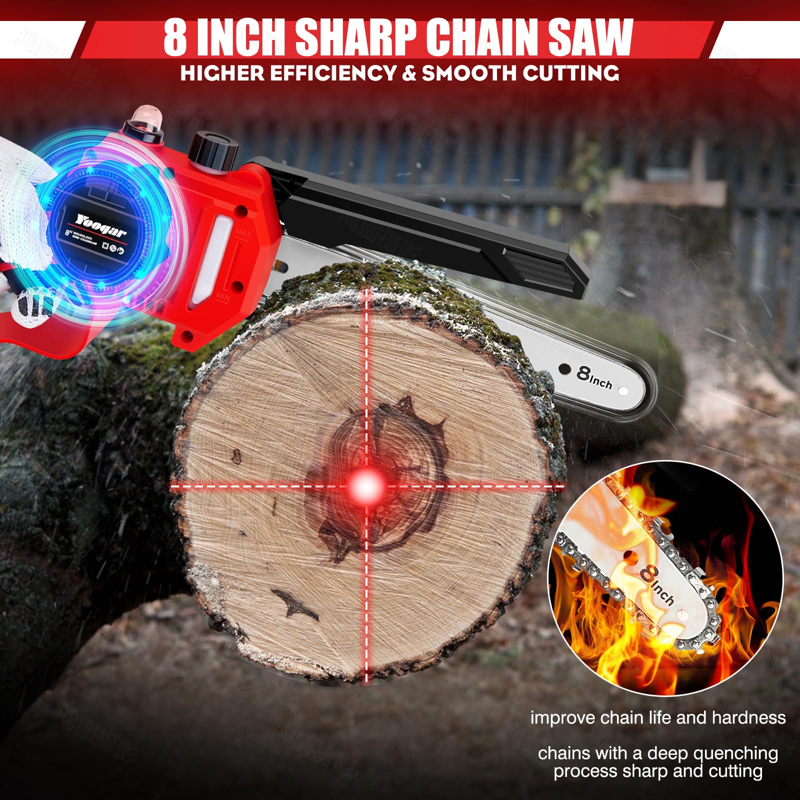 Mini Chainsaw, 8 Inch Cordless Electric Chain Saw, 2000mAh Battery Powered Chainsaw with 2 BATTERIES & 2 CHAINS, Portable One-Hand ChainSaw Pruning Tree Branches for Courtyard,Household&Garden