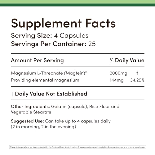 Magnesium L Threonate Capsules (Magtein) – High Absorption Supplement – Bioavailable Form for Sleep and Cognitive Function Support – 2,000 mg – 100 Capsules