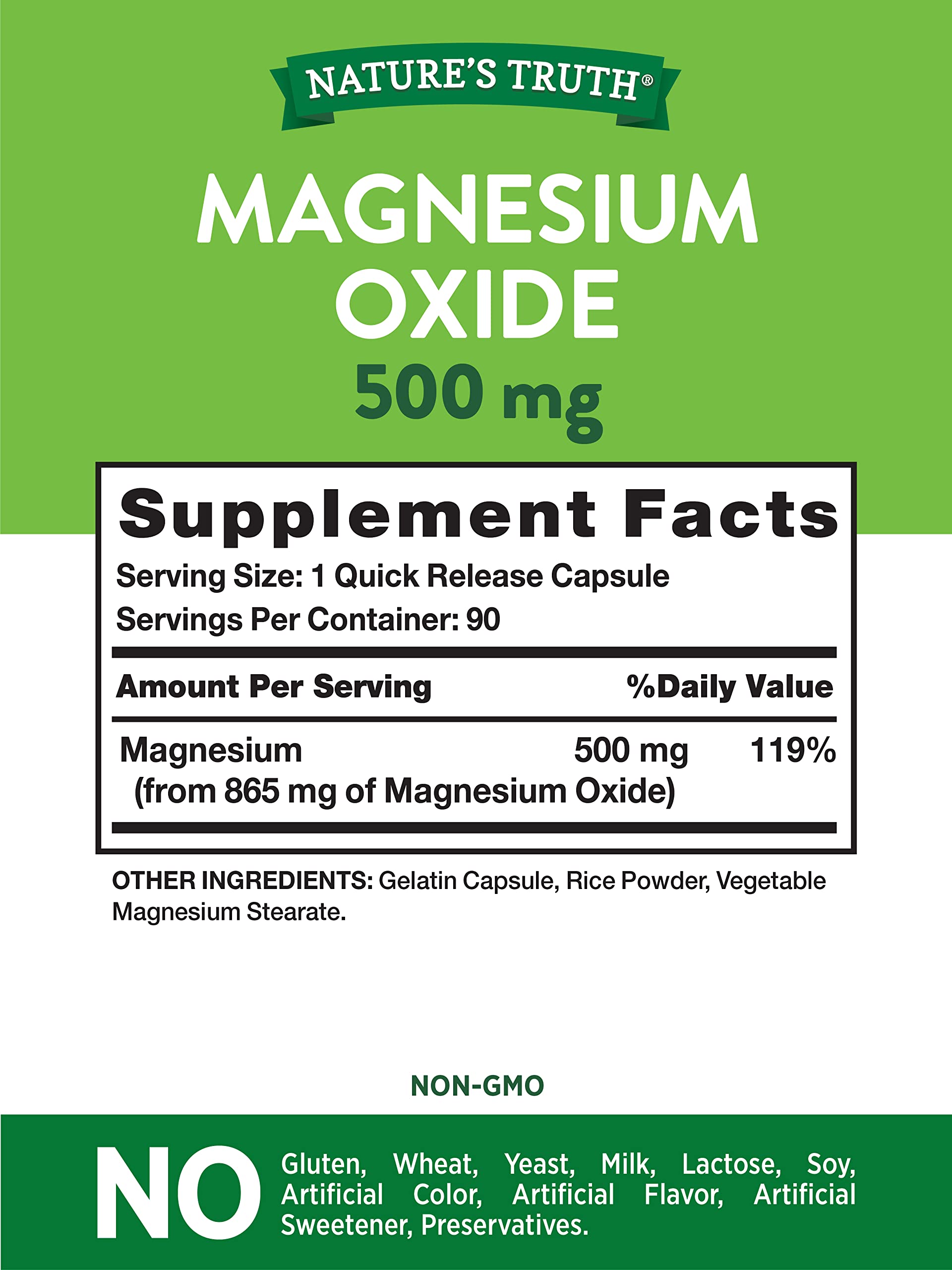 Magnesium Oxide 500mg Capsules | 90 Count | Non-GMO & Gluten Free High Strength Supplement | by Nature's Truth