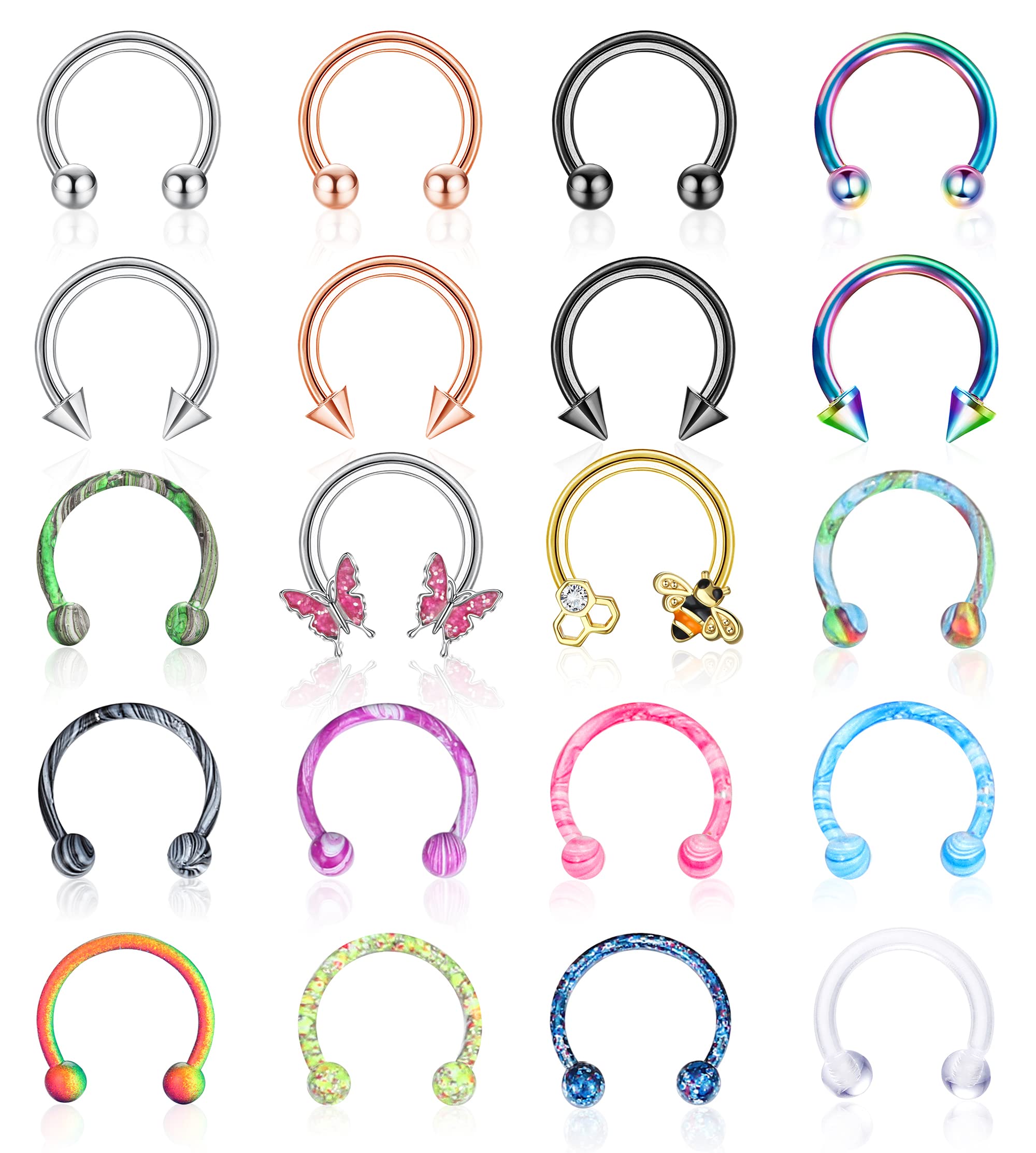 Sanfenly 20Pcs 16G Surgical Steel Horseshoe Nose Septum Rings Piercing Jewelry Cartilage Helix Tragus Daith Earring Hoop Lip Horseshoe Piercing for Women Men 8mm 10mm
