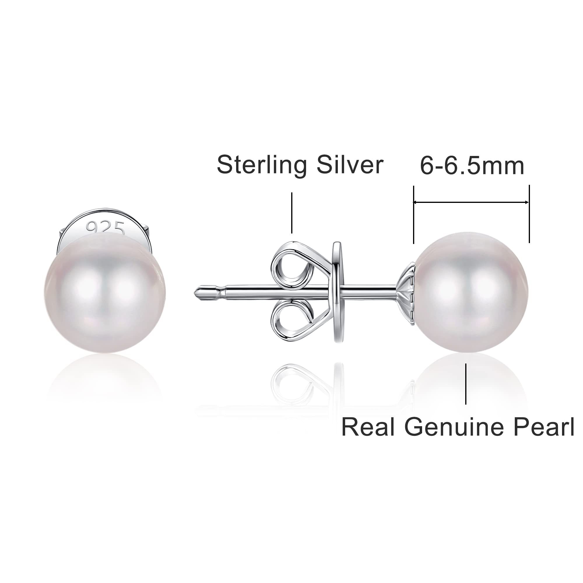 Pearl Stud Earrings for Women 925 Sterling Silver Sensitive Genuine 6mm White Real Round Freshwater Cultured Pearls Everyday Earrings Studs Ladies