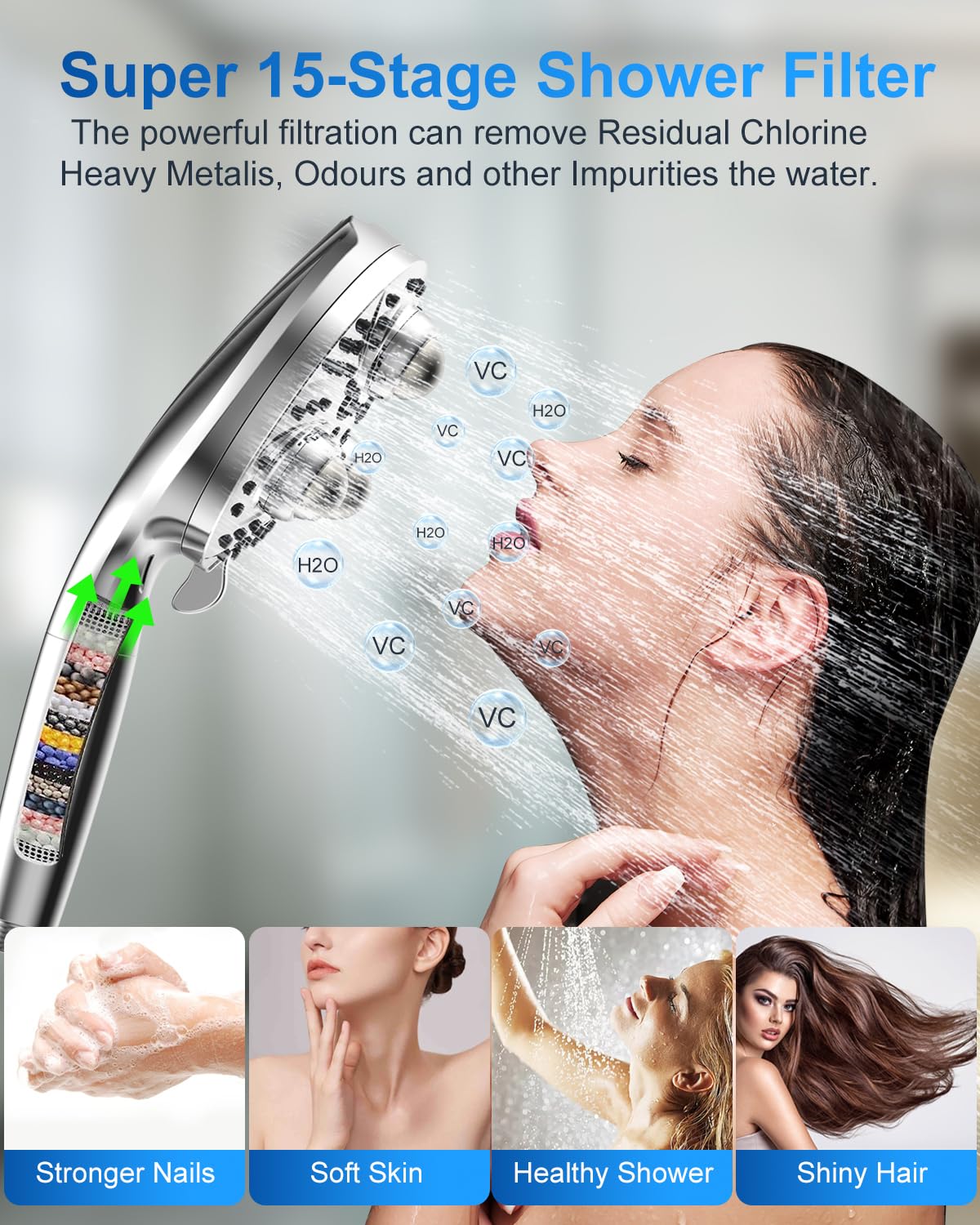 Surpzon Filtered Massage Shower Head with Handheld Spray Combo, 10 Modes High Pressure Shower Heads with 3 Massage Beads, Detachable Shower Head with 59" Hose & Replaceable Filters for Hard Water