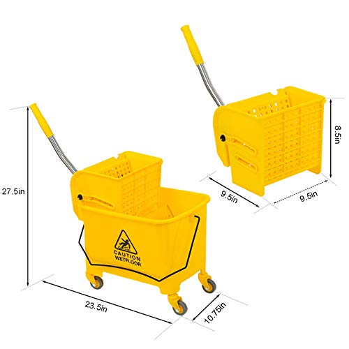 WTXX 5.28 Gallon Rolling Cleaning Mop Bucket Commercial Restaurant with Down Press Wringer ,Removable Side Press Wringer Design (Yellow), 23.5 inches L x 10.75 inches W x 27.5 inches H