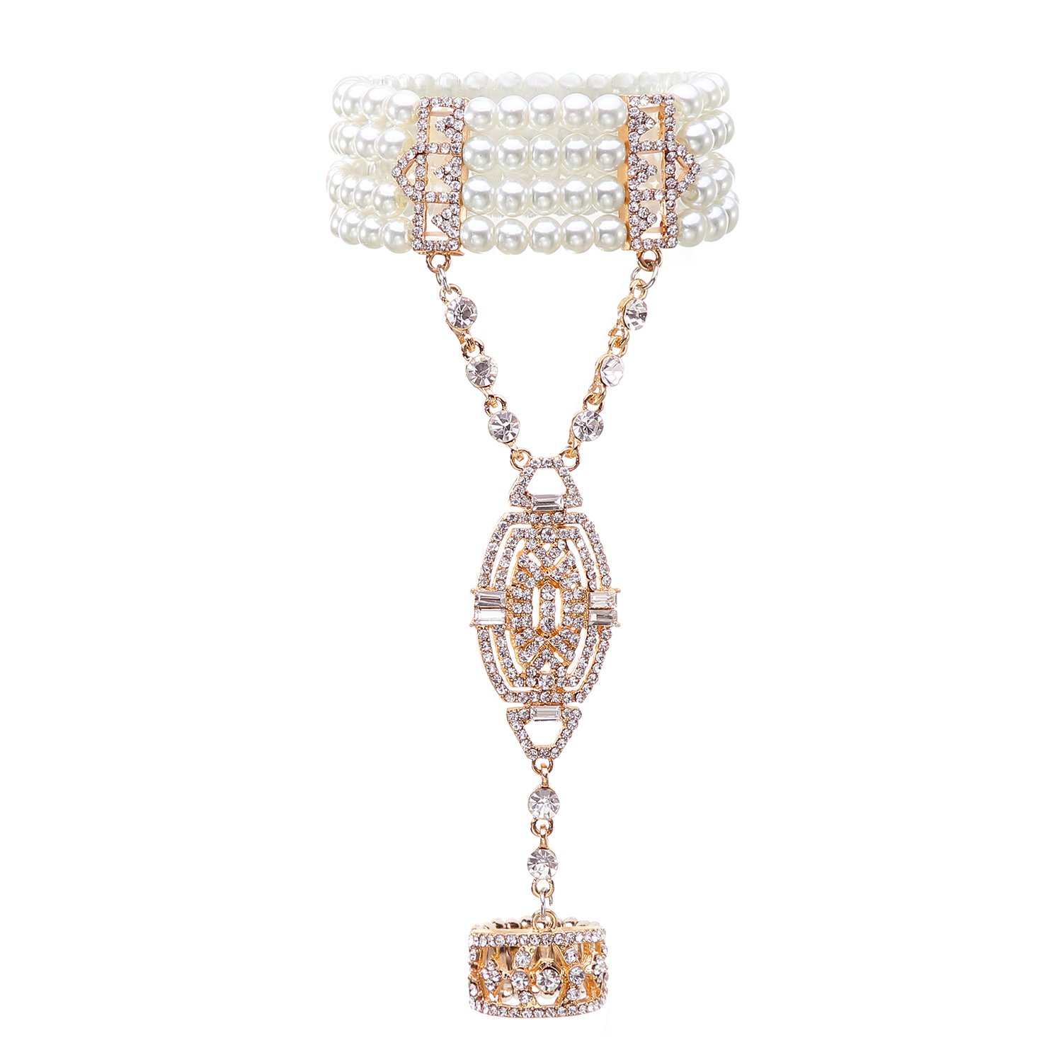 Metme 1920s Flapper Bracelet Ring Set Gatsby Accessories Imitation Pearl Crystal Bracelet Adjustable Ring