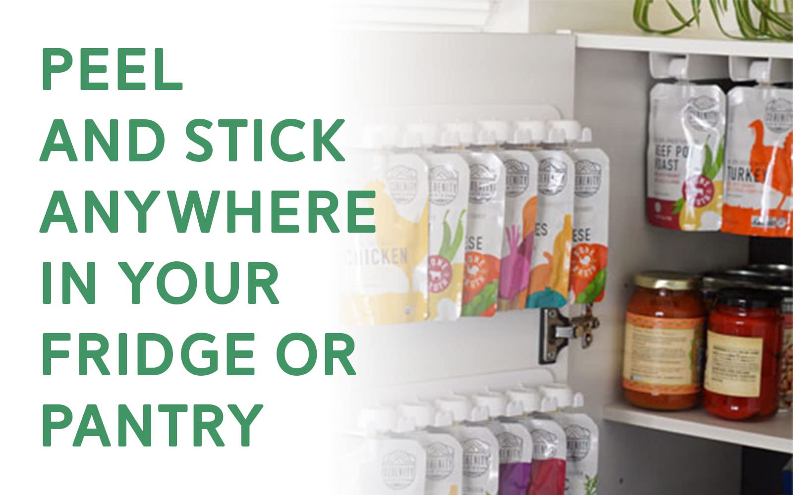 Storage Theory Food Pouch Hanger Organizer for Kitchen Pantry, Cabinet and Refrigerator - Peel and Stick Storage for Applesauce, Yogurt, Baby Food Pouches - 2 pk