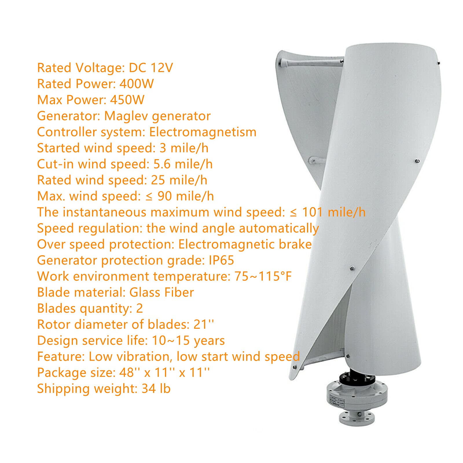 Wind Turbine Generator Kit 450W DC 12V Vertical Wind Power Turbine Generator Kit with Charge Controller 3 Phase AC Permanent Magnet Generator for Home RV Boat Marine Electricity Set (with 2pcs Blades)