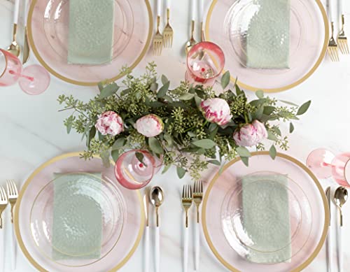 PLASTICPRO Plastic Pro 8 Pack Charger Plates 13 Inch Clear Pink with Gold Rim Plastic Dinner Chargers Heavy Duty Large Serving Platter Reusable Disposable