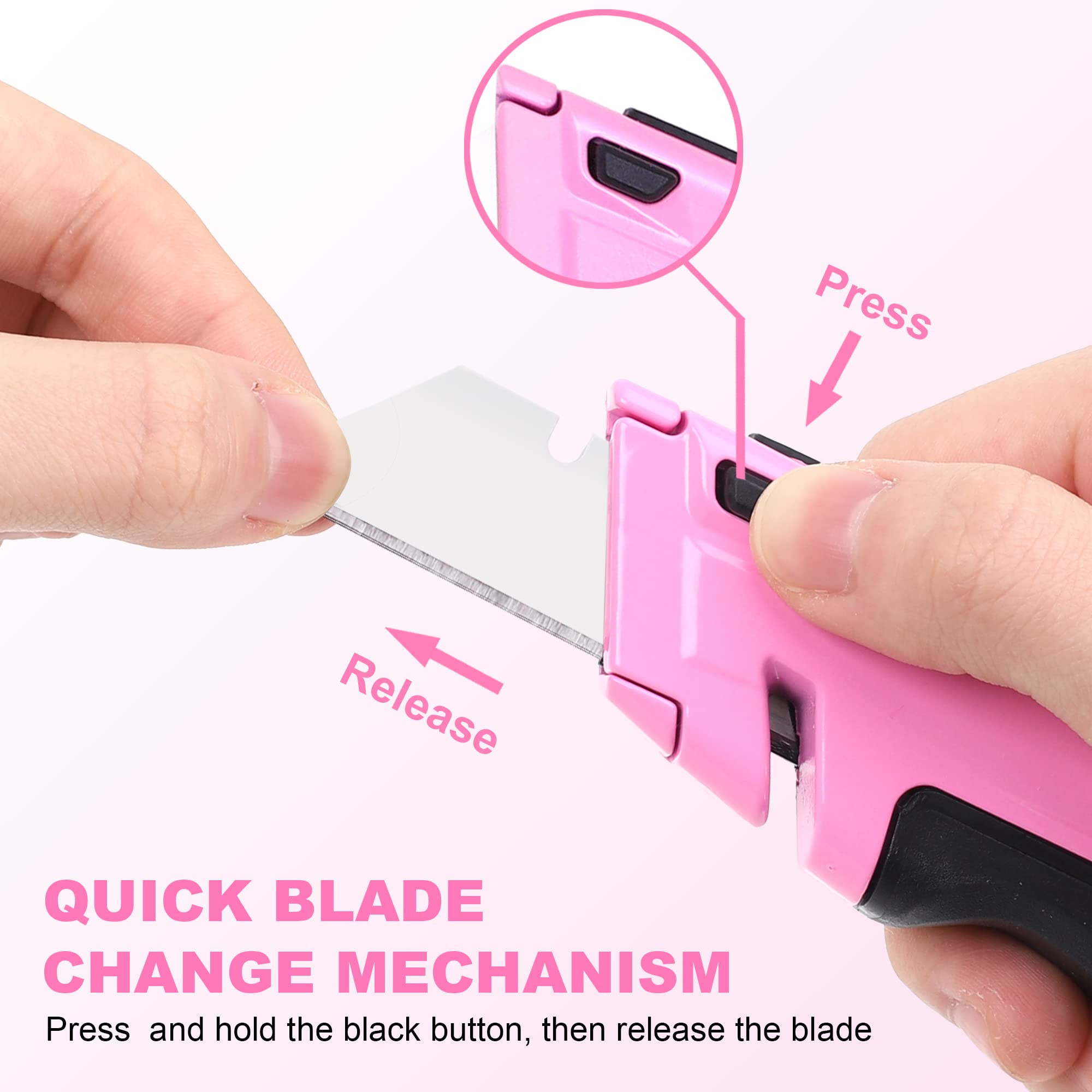 TOPLINE Retractable Pink Utility Knife, Retractable Pink Box Cutter, Blade Storage Design, 18-Piece SK5 Blades and a Dispenser Included (1 PACK(PINK))