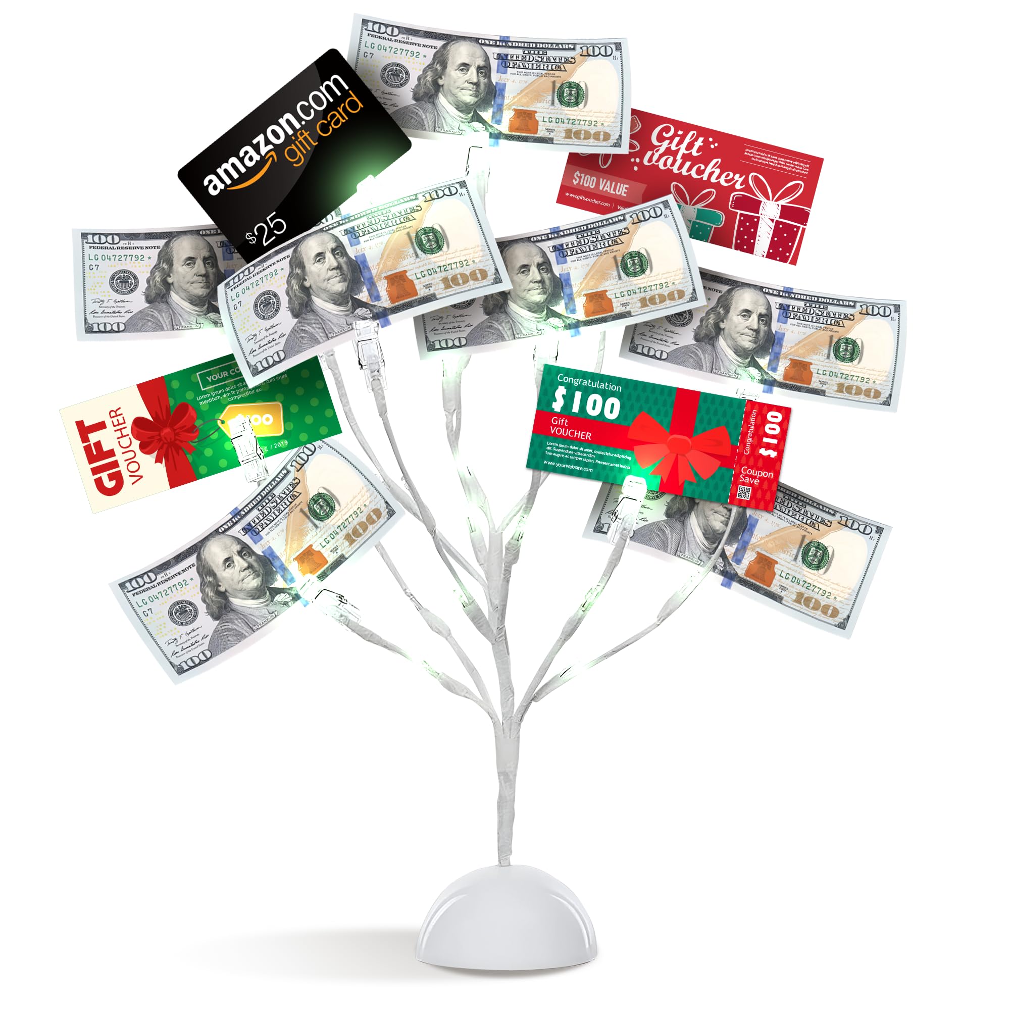 MEIN SCHATZ Money Tree Gift Card Holder with 10 Clips & LED Lighted Tips - White Money Tree Gift Holder for Cash - Ideal Present for Wedding, Birthday, Easter & Christmas - Photo & Gift Card Tree