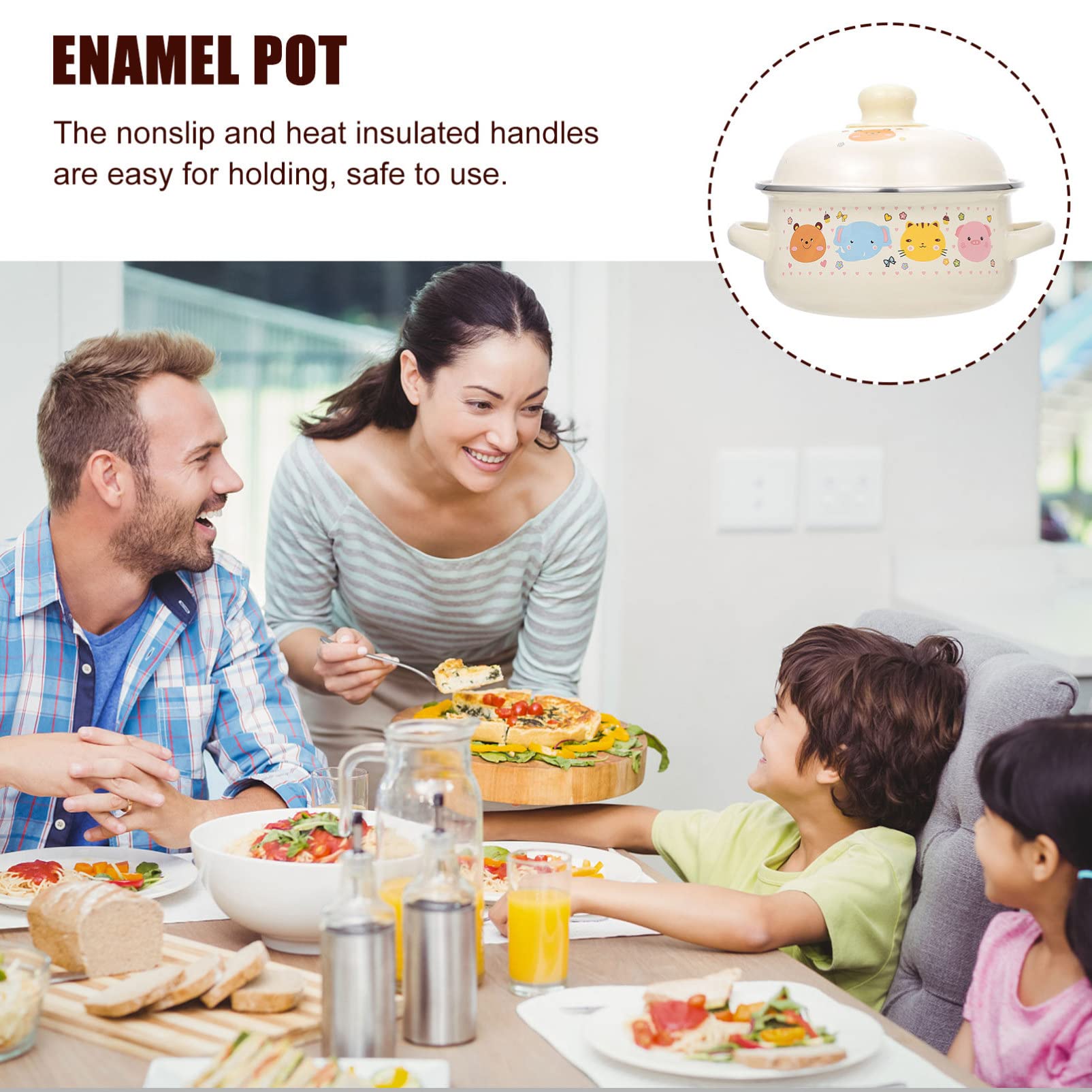 Stovetop Ceramic Cookware Enamel Milk Pot Stew Pot: Dual Handle Soup Bowl Stovetop Milk Cooking Bowl Kitchen Flat Bottom Pan with Lid Cover Pets Pattern Steam Soup Pot